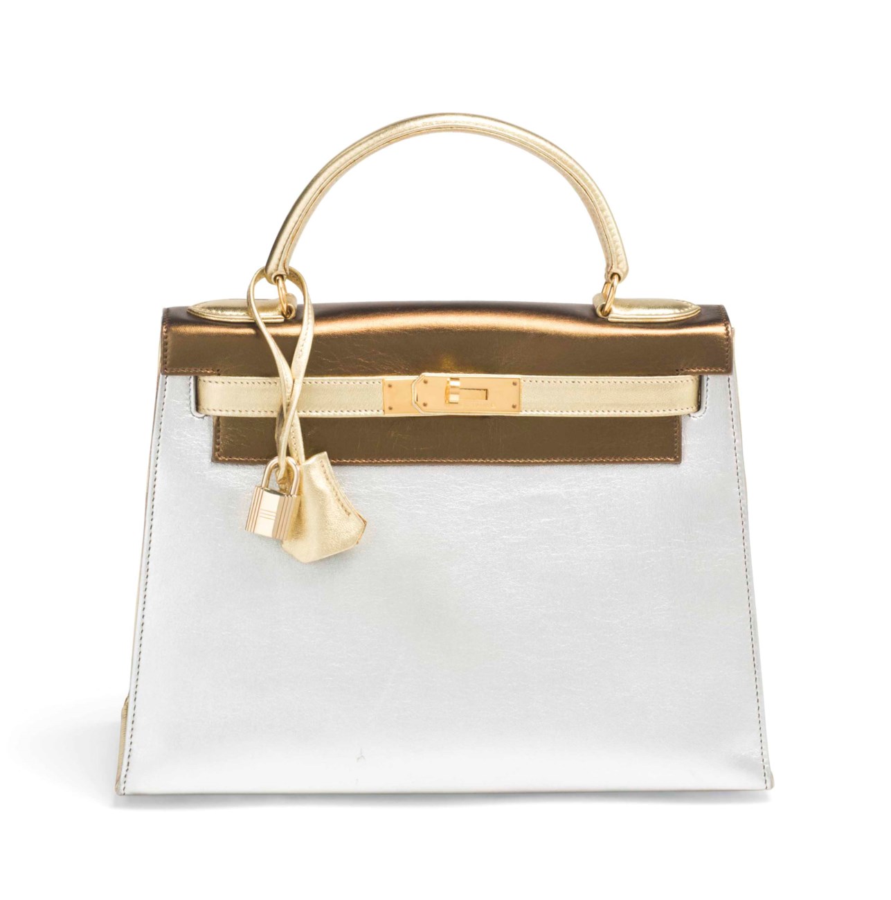 RARE SAC KELLY SELLIER 28 EN CUIR D'AGNEAU TRICOLORE OR, ARGENT ...