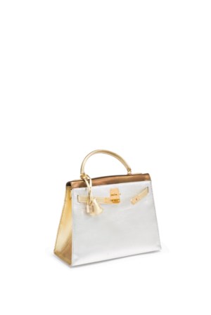 RARE SAC KELLY SELLIER 28 EN CUIR D'AGNEAU TRICOLORE OR, ARGENT ...