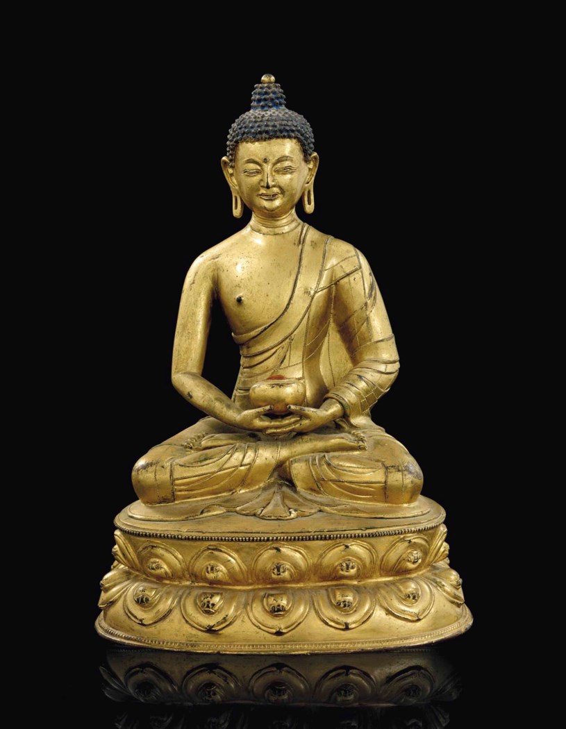 STATUE DE BOUDDHA SHAKYAMUNI EN BRONZE DORE