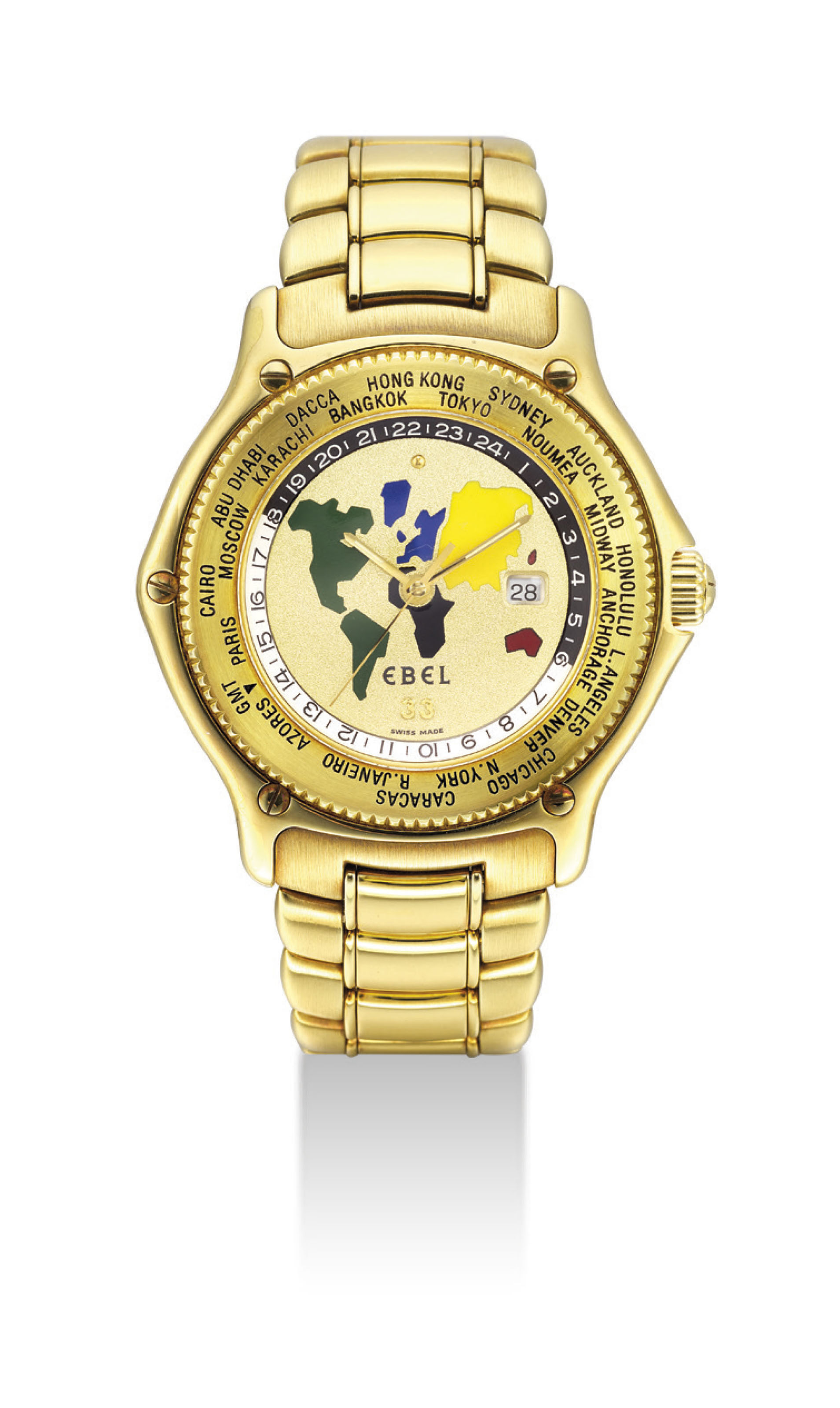 EBEL. AN 18K GOLD AUTOMATIC WORLD TIME WRISTWATCH WITH SWEEP CENTRE ...