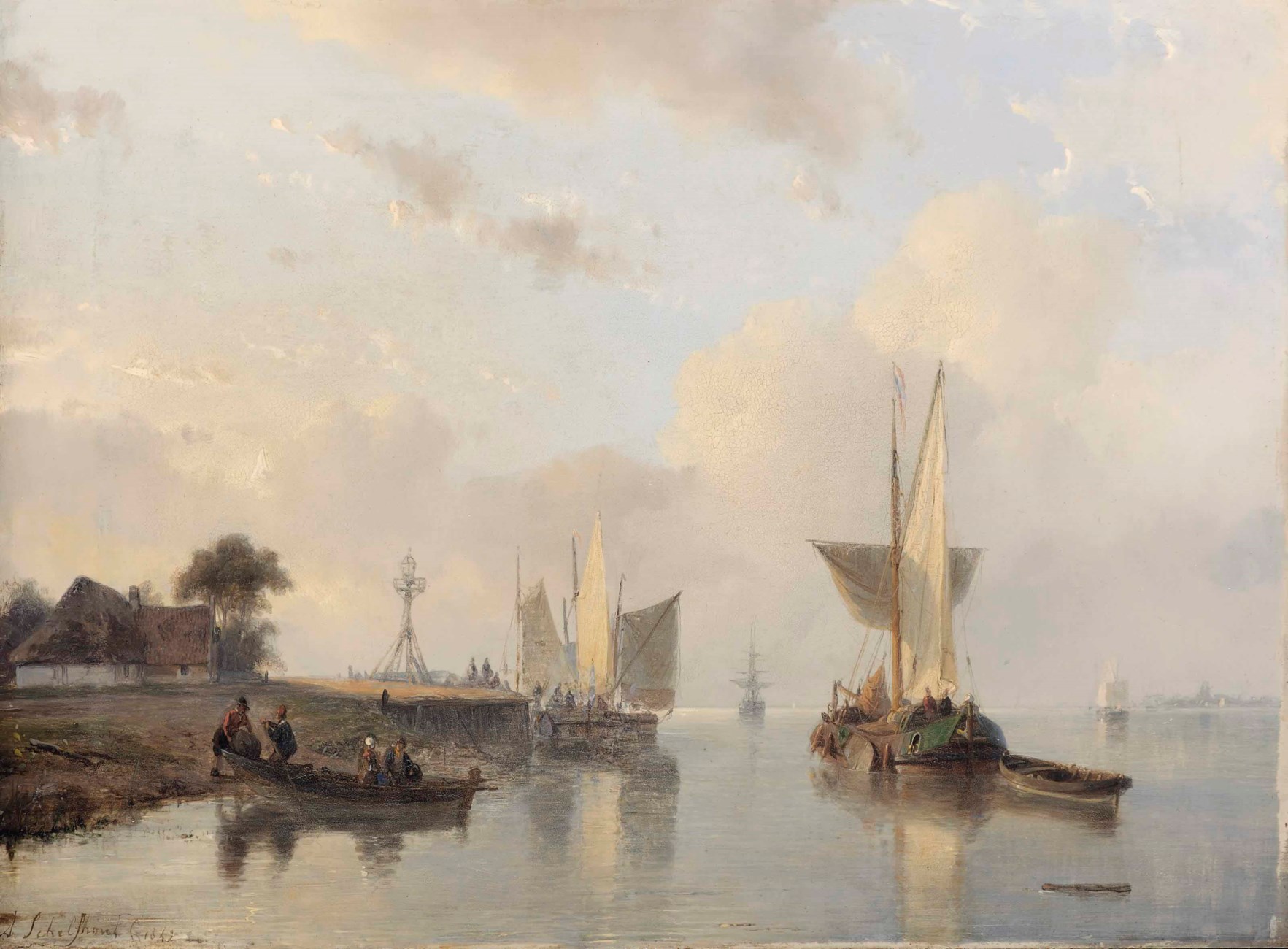 Andreas Schelfhout (The Hague 1787-1870), Loading the ferry on a sunny ...