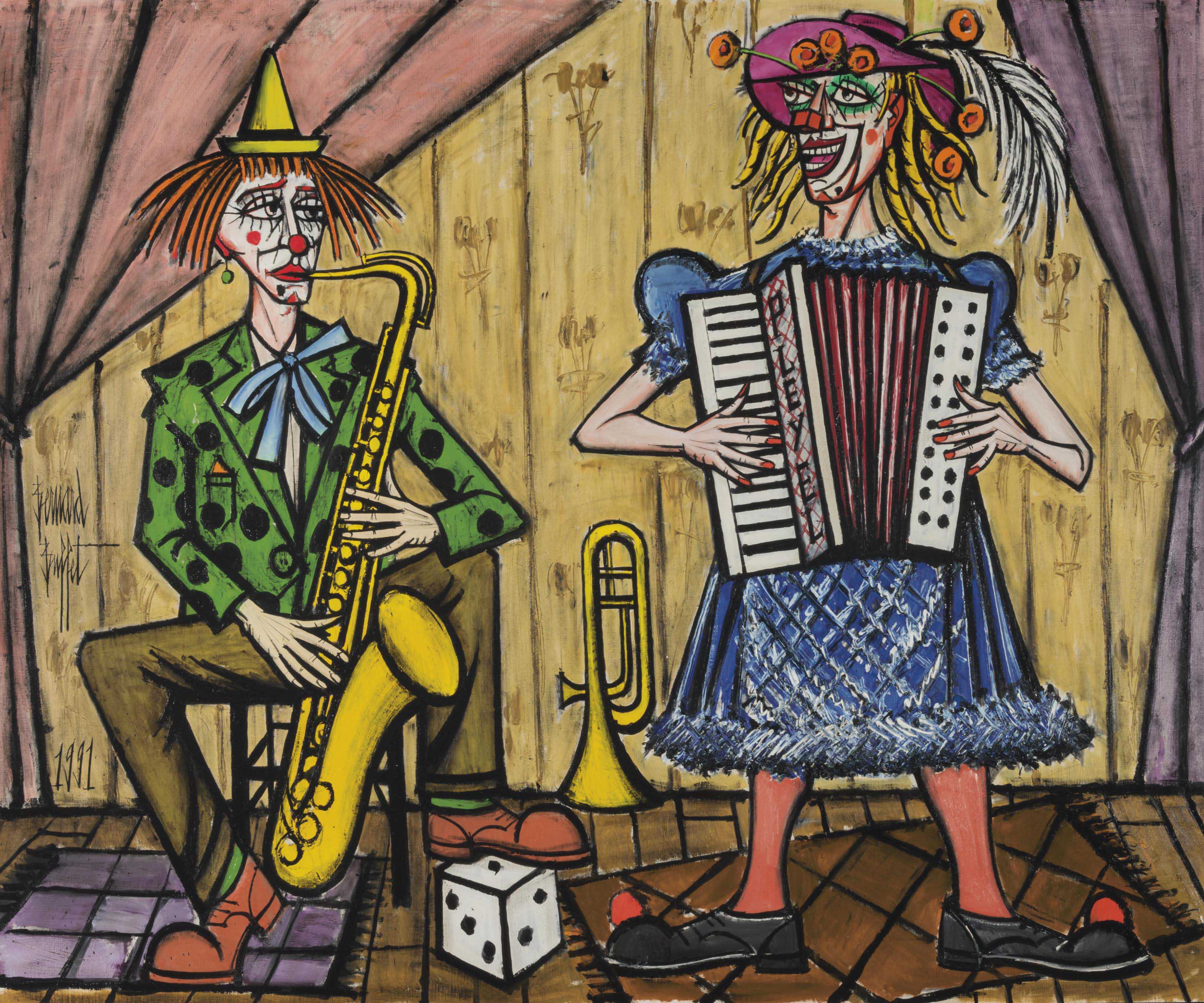 Bernard Buffet (1928-1999) , Les clowns musiciens, le saxophoniste ...
