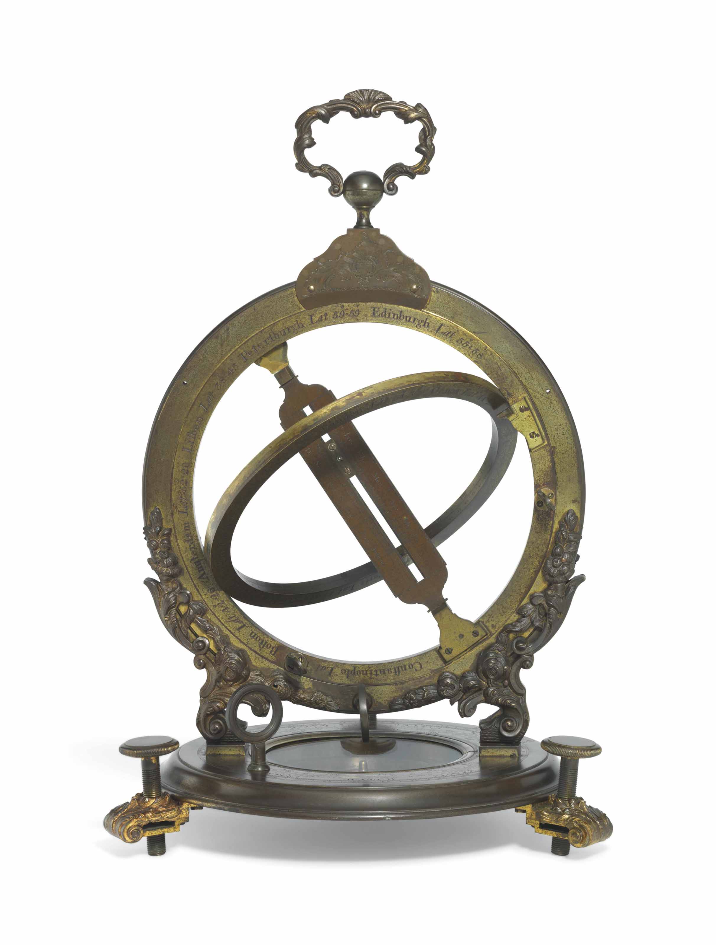 A GEORGE III STANDING UNIVERSAL EQUINOCTIAL RING DIAL , JAMES SIMONS ...