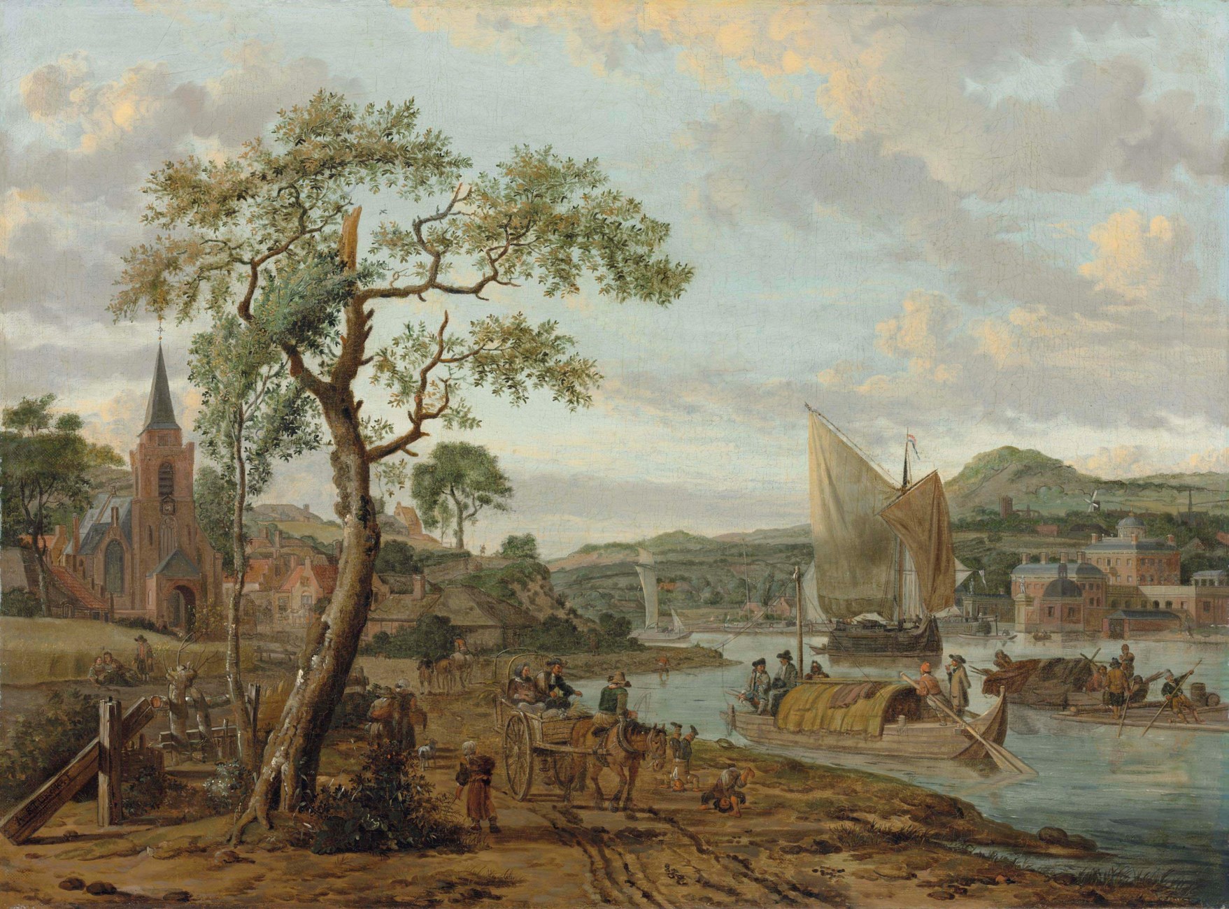 Abraham Storck (Amsterdam 1644-1708), A village river landscape with ...