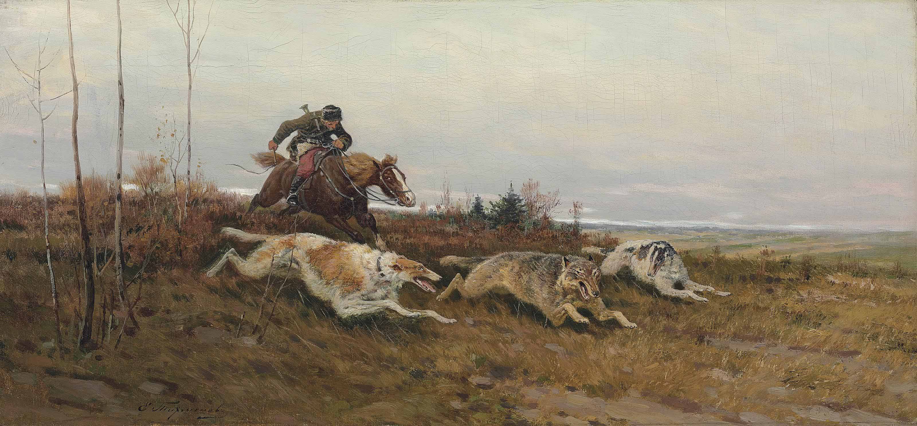 Evgenii Tikhmenev (1869-1934) , Wolf hunting with borzois | Christie's