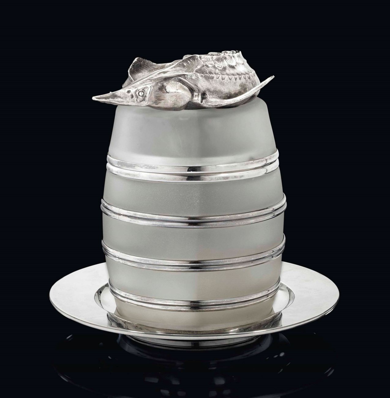 A SILVER-MOUNTED GLASS CAVIAR POT AND STAND , MARK OF NICHOLLS AND ...