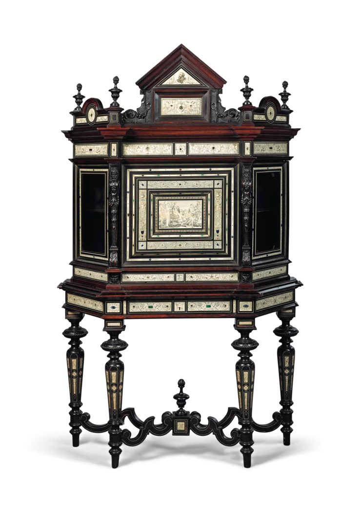 AN ITALIAN IVORY-INLAID EBONY, EBONIZED AND ROSEWOOD VITRINE CABINET-ON ...