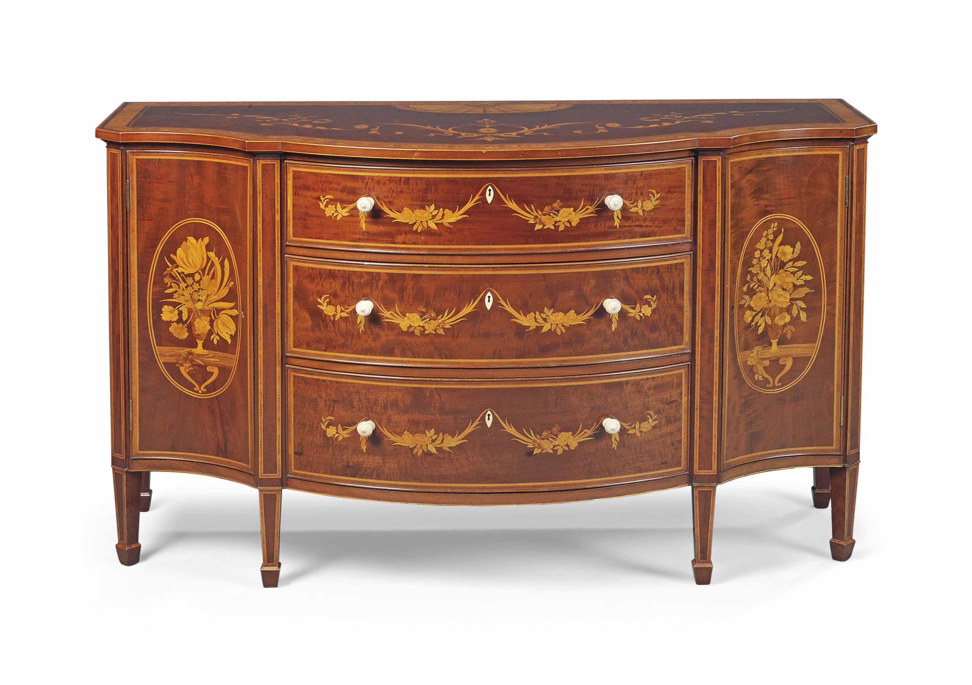 A MID VICTORIAN MAHOGANY, SYCAMORE, IVORY AND MARQUETRY COMMODE