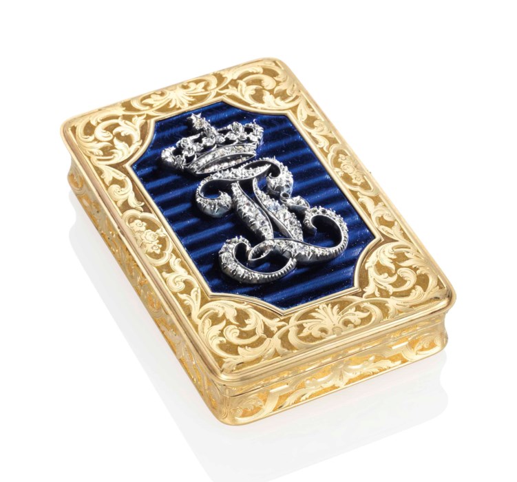 A FRENCH JEWELLED ENAMELLED GOLD ROYAL PRESENTATION SNUFF-BOX, BY ...
