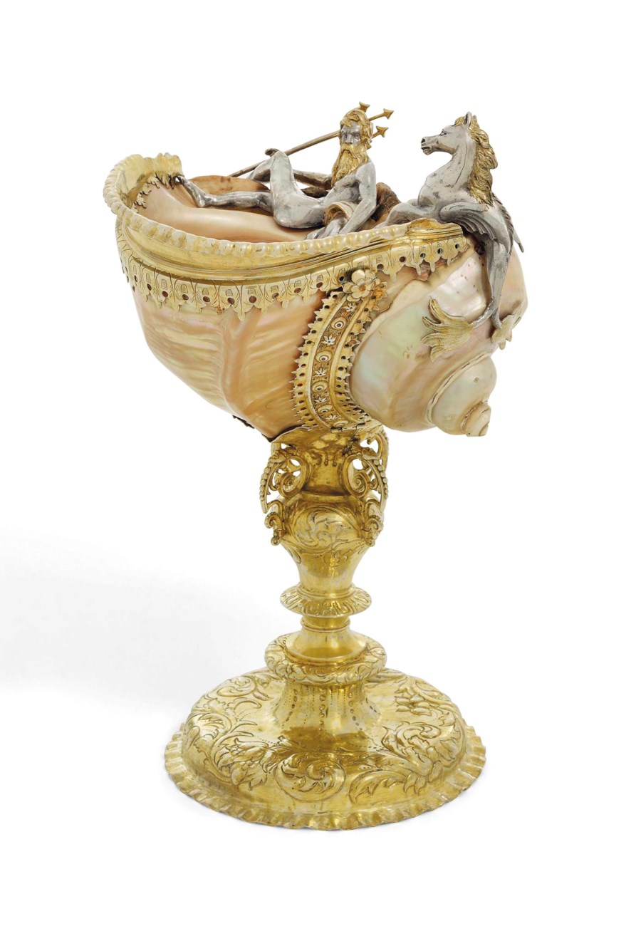 A PARCEL-GILT SILVER MOUNTED TURBO-SHELL CUP, 19TH CENTURY, POSSIBLY ...