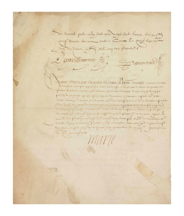 MARY, QUEEN OF SCOTS (1542-1587). Document signed ('Marie'), as Queen ...