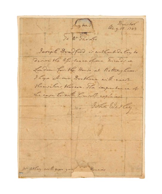 WESLEY, John (1703-1791). Autograph letter signed (‘John Wesley’) to ...