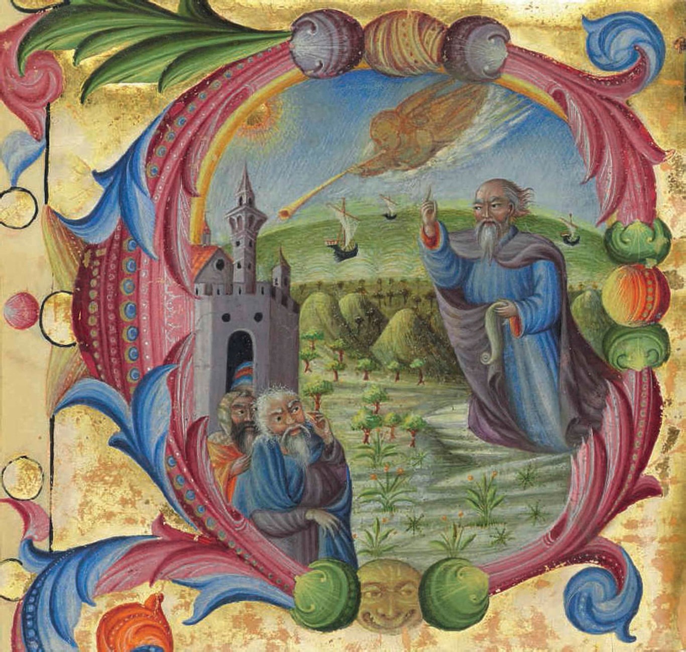 MOSES PREACHING TO THE ISRAELITES, historiated initial ‘D’ from a ...