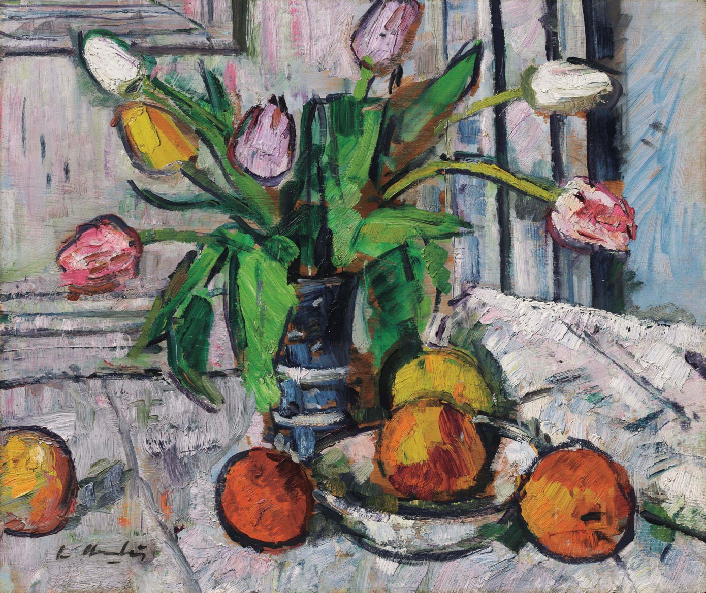 George Leslie Hunter (1877-1931), Tulips in a blue vase | Christie's