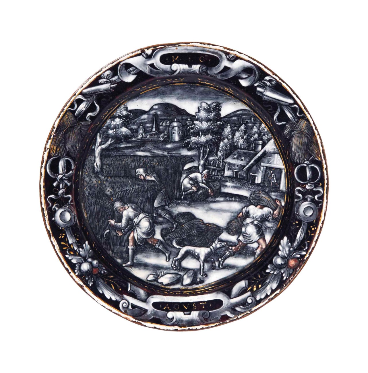 A PARCEL-GILT GRISAILLE ENAMEL PLATE DEPICTING THE MONTH OF AUGUST ...
