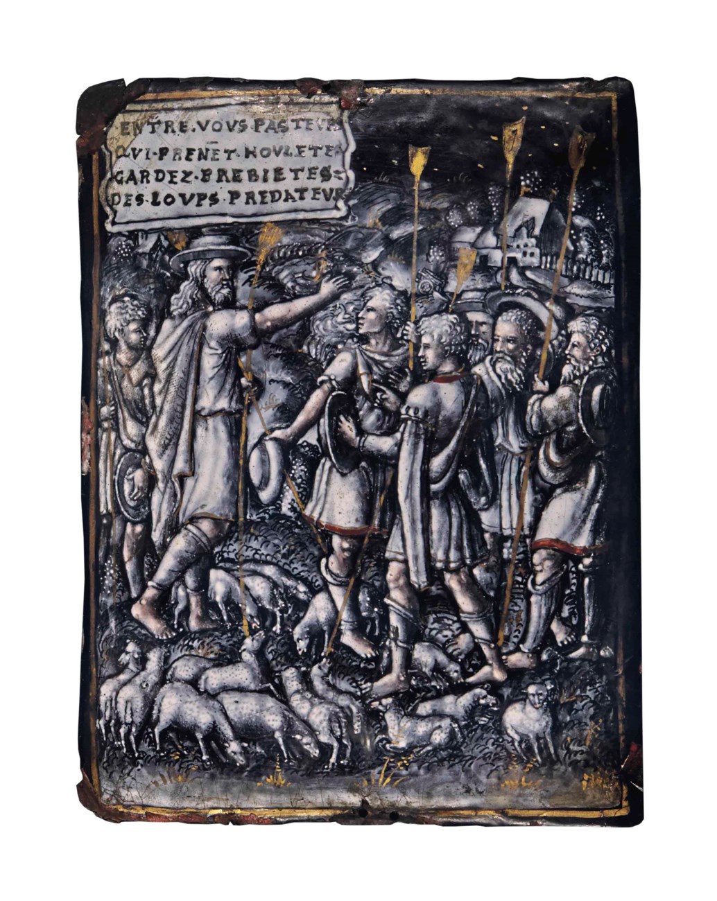 A PARCEL-GILT GRISAILLE ENAMEL PLAQUE OF THE GOOD SHEPHERD, LIMOGES ...