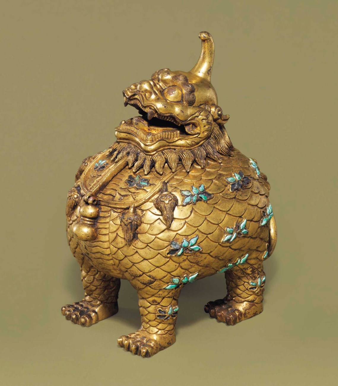 A RARE TURQUOISE-INSET GILT-BRONZE LUDUAN-FORM CENSER