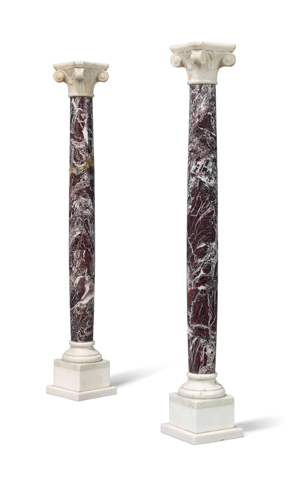 A PAIR OF VICTORIAN BROWN AND GREY-VEINED MARBLE COLUMNS, 19TH CENTURY ...
