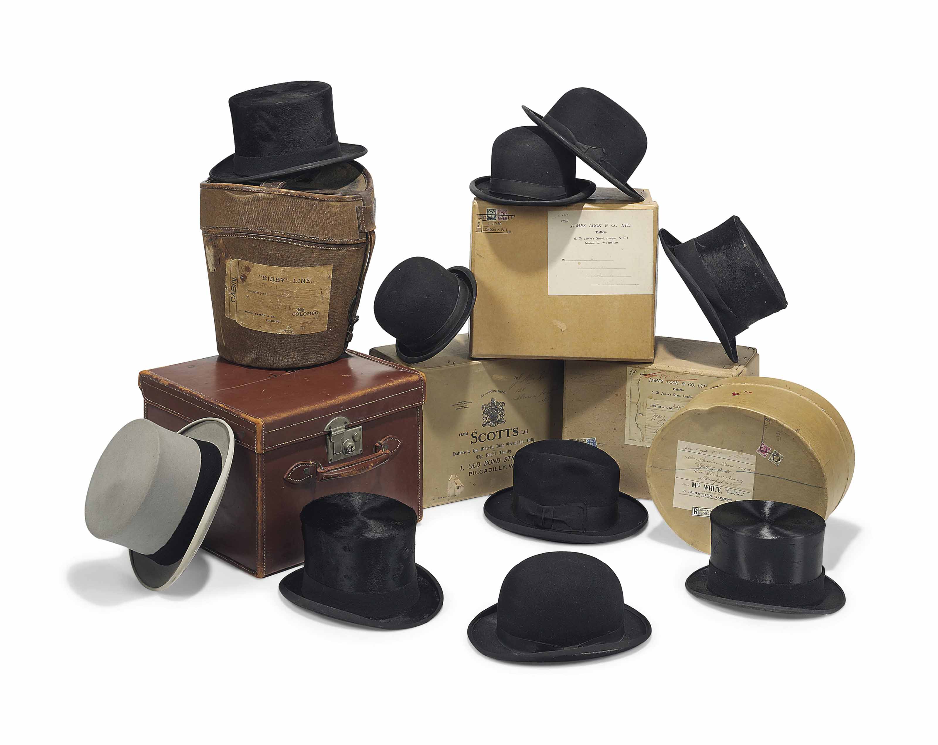 A COLLECTION OF FIVE TOP HATS