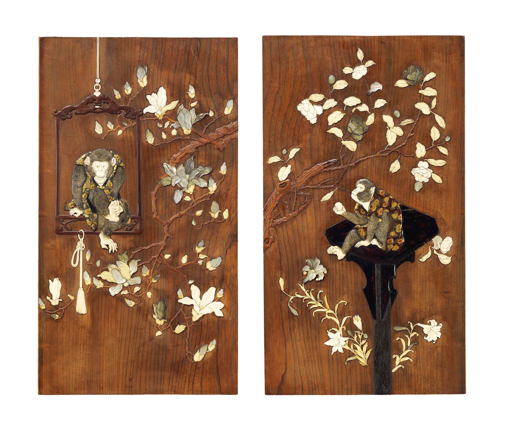 A PAIR OF JAPANESE INLAID AND LACQUERED WOOD PANELS, MEIJI PERIOD, LATE ...