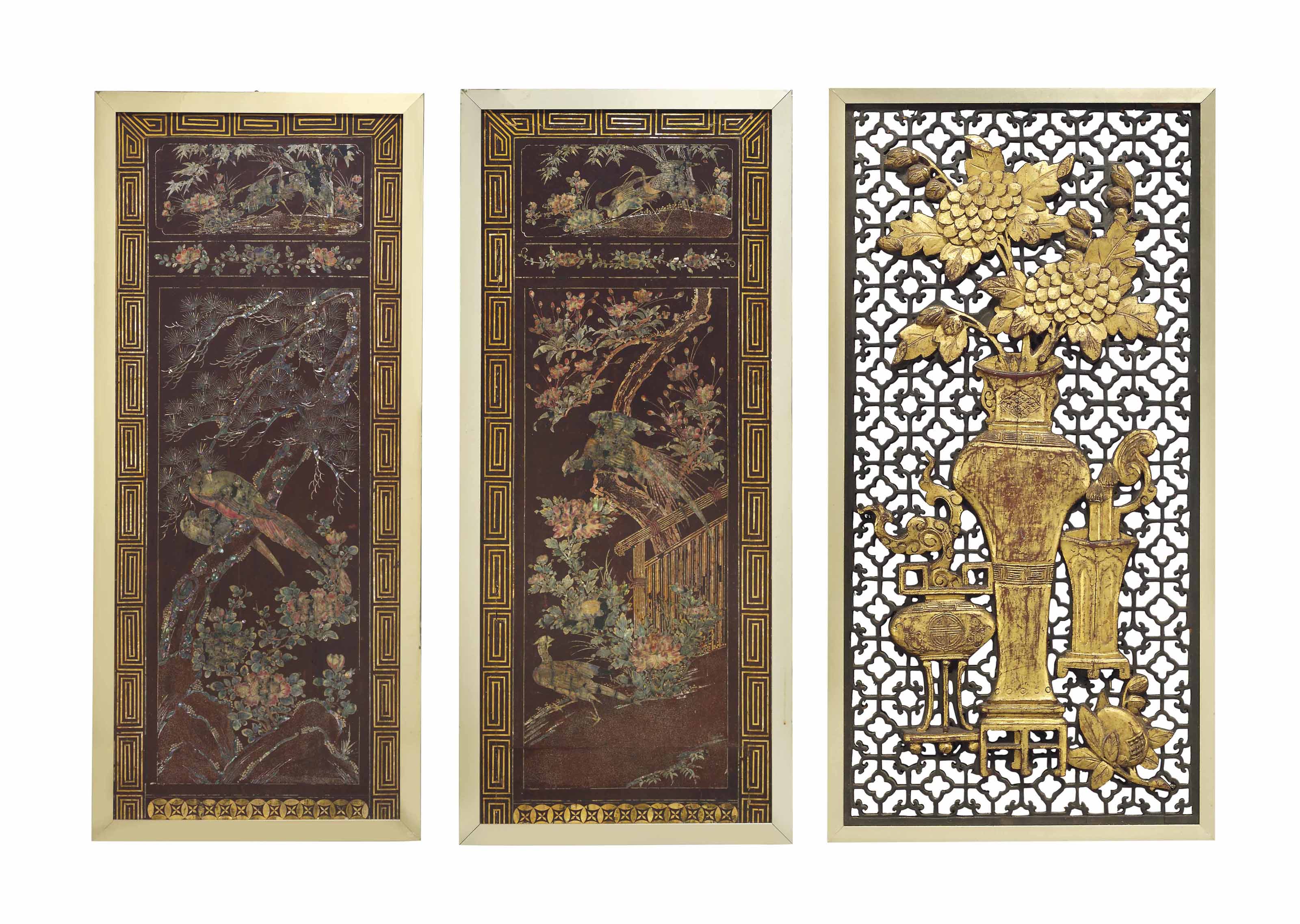 A PAIR OF JAPANESE INLAID LACQUERED PANELS AND A CHINESE DOUBLE-SIDED ...