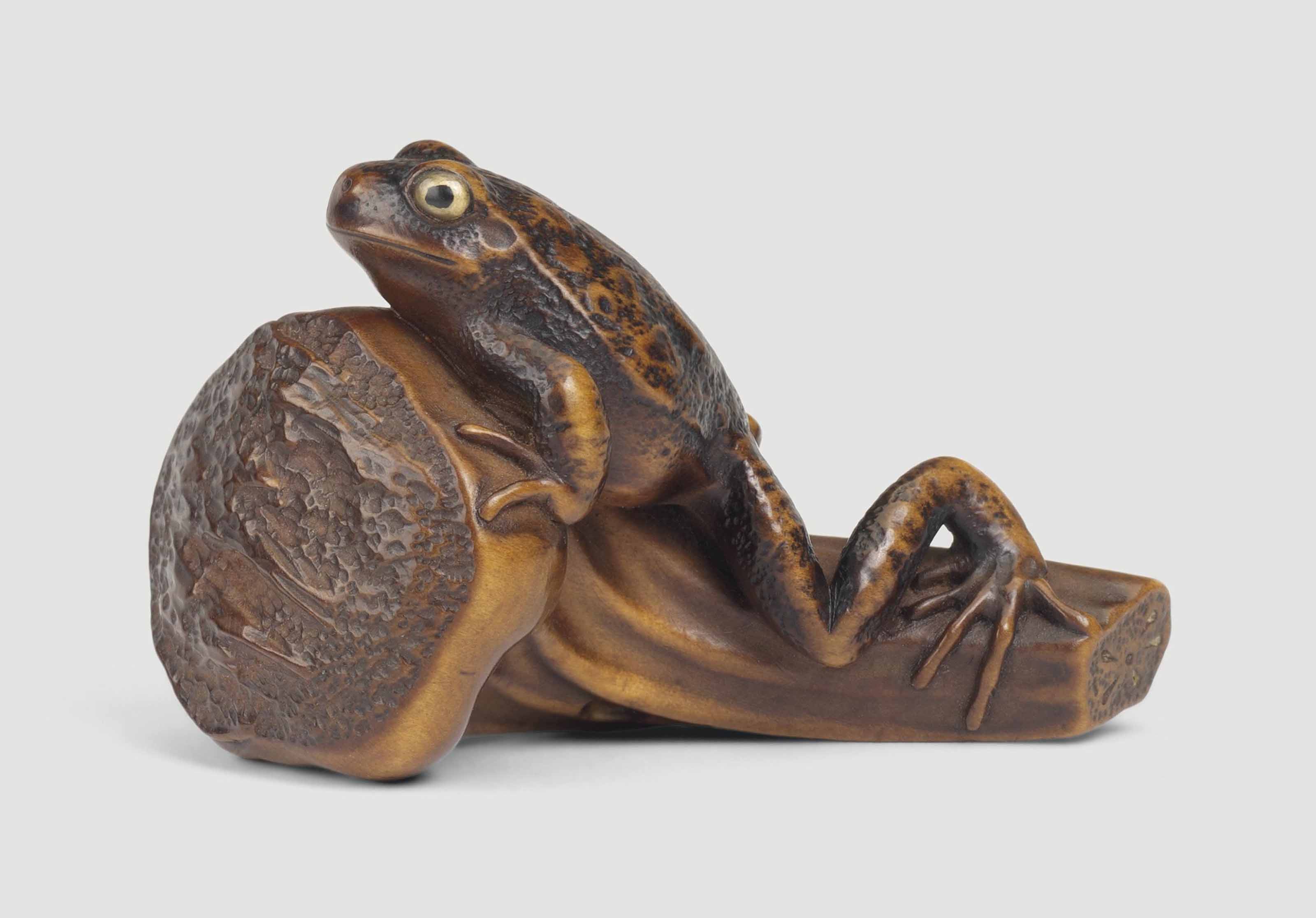 A Wood Netsuke of a Frog on a Lotus Pod , SIGNED HIDA SUKENAO ZO , EDO ...