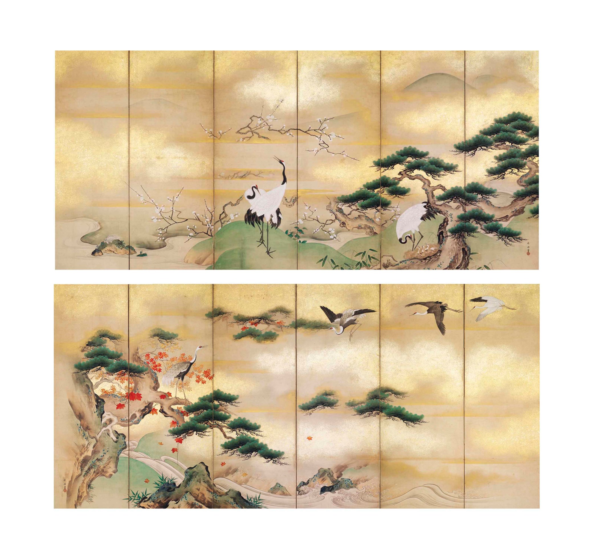 Hashimoto Gaho (1835 - 1908), Cranes beside a Lake in Spring and Autumn ...
