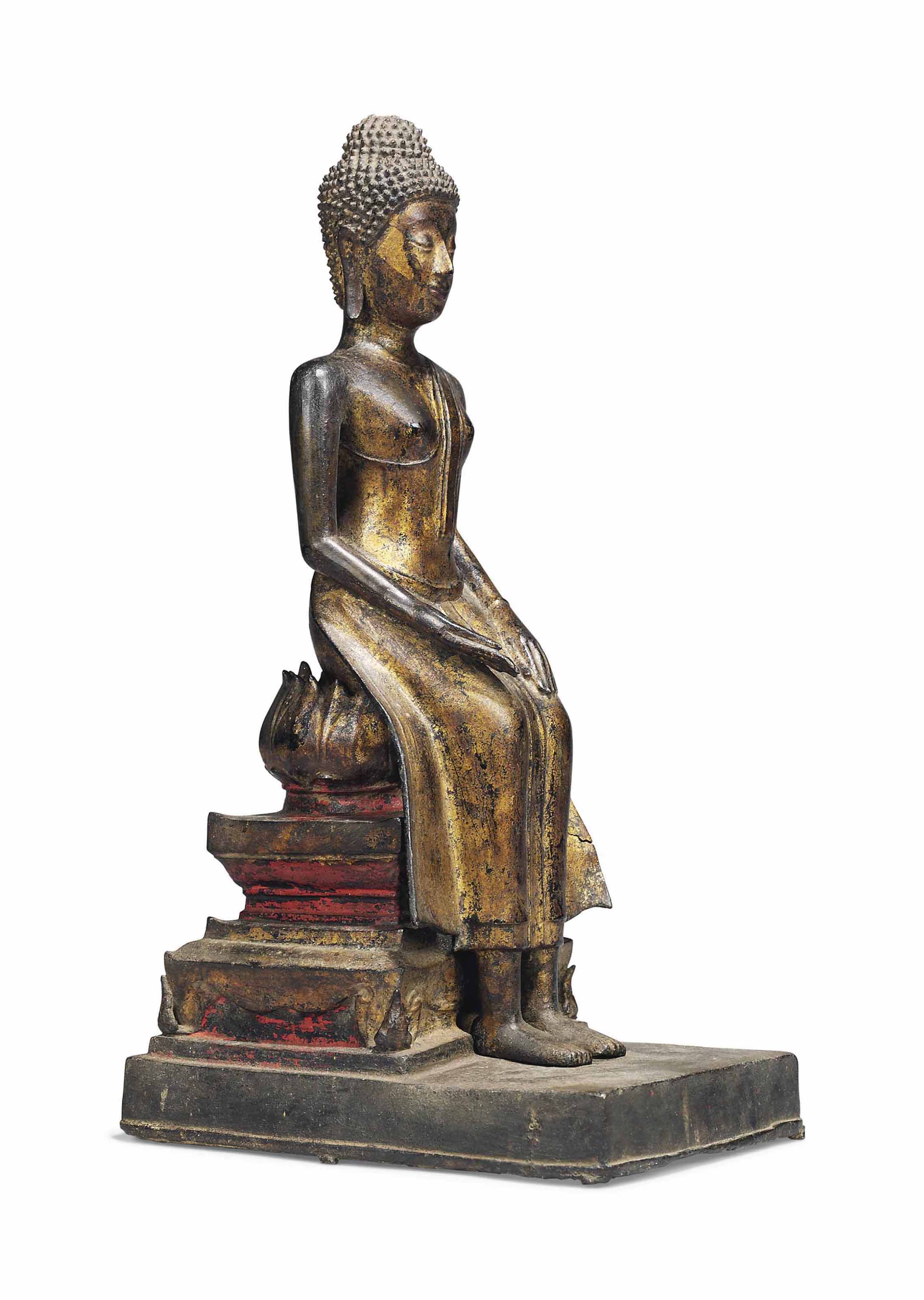 A LARGE MICA-INLAID, GILT DRY-LACQUER FIGURE OF BUDDHA, BURMA, MANDALAY ...