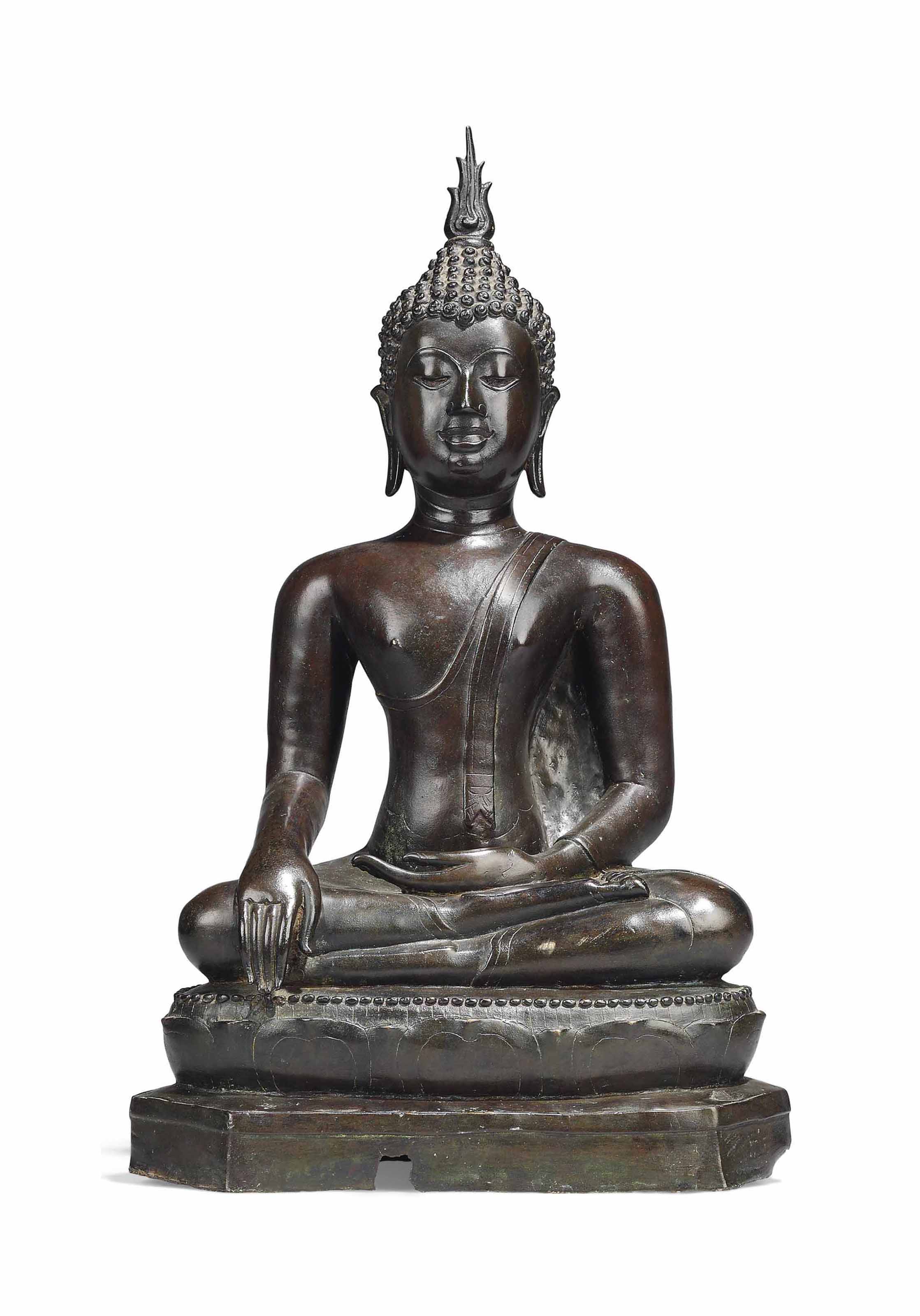A LARGE MICA-INLAID, GILT DRY-LACQUER FIGURE OF BUDDHA, BURMA, MANDALAY ...
