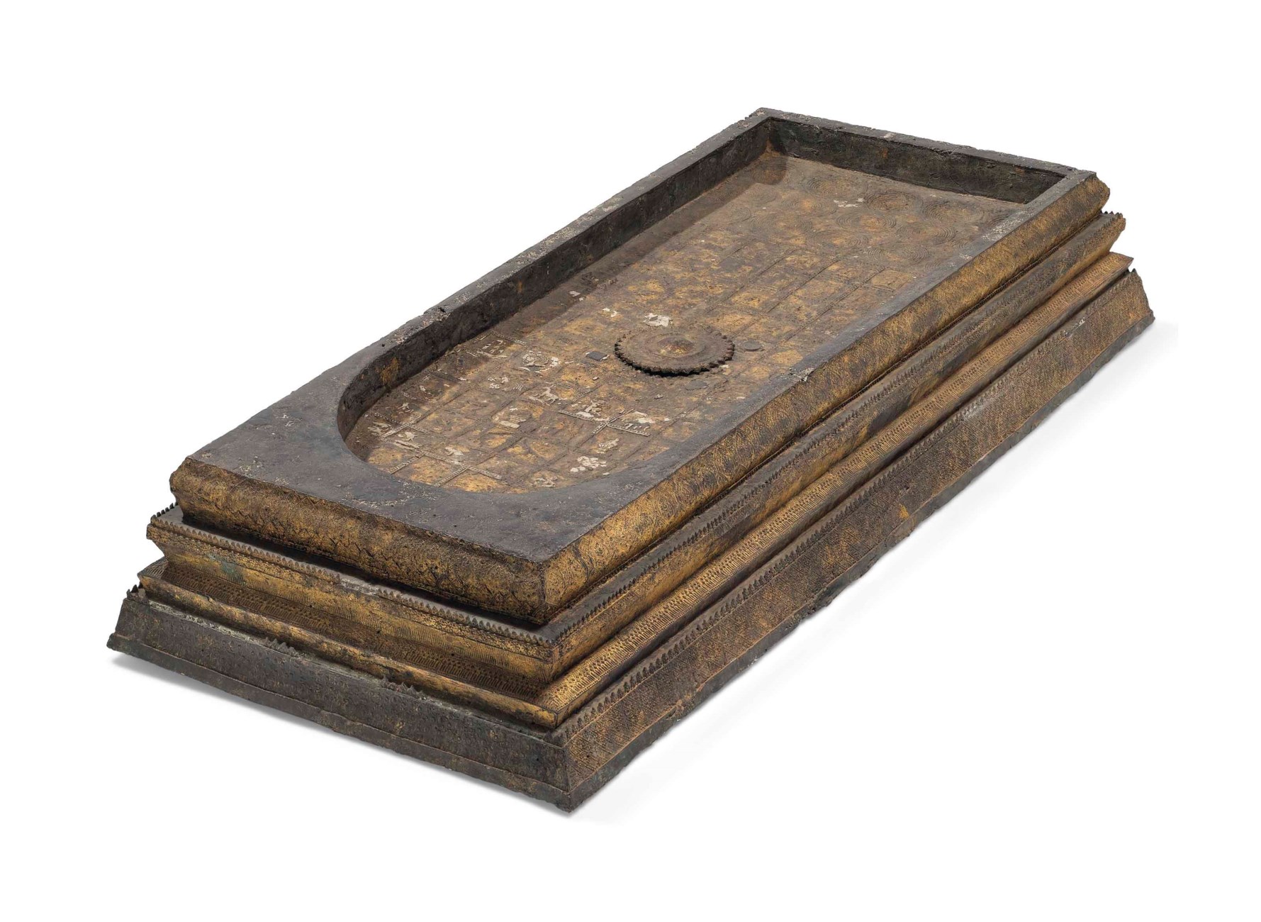 A GILT AND RED-LACQUERED BRONZE BUDDHAPADA (FOOT IMPRINT OF THE BUDDHA ...