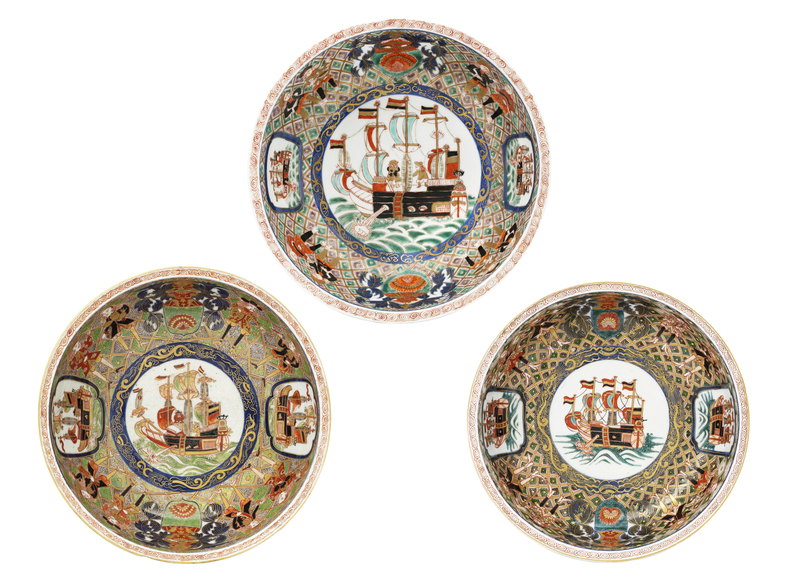 THREE IMARI NANBAN SHIP BOWLS, EDO - MEIJI PERIOD (19TH CENTURY ...