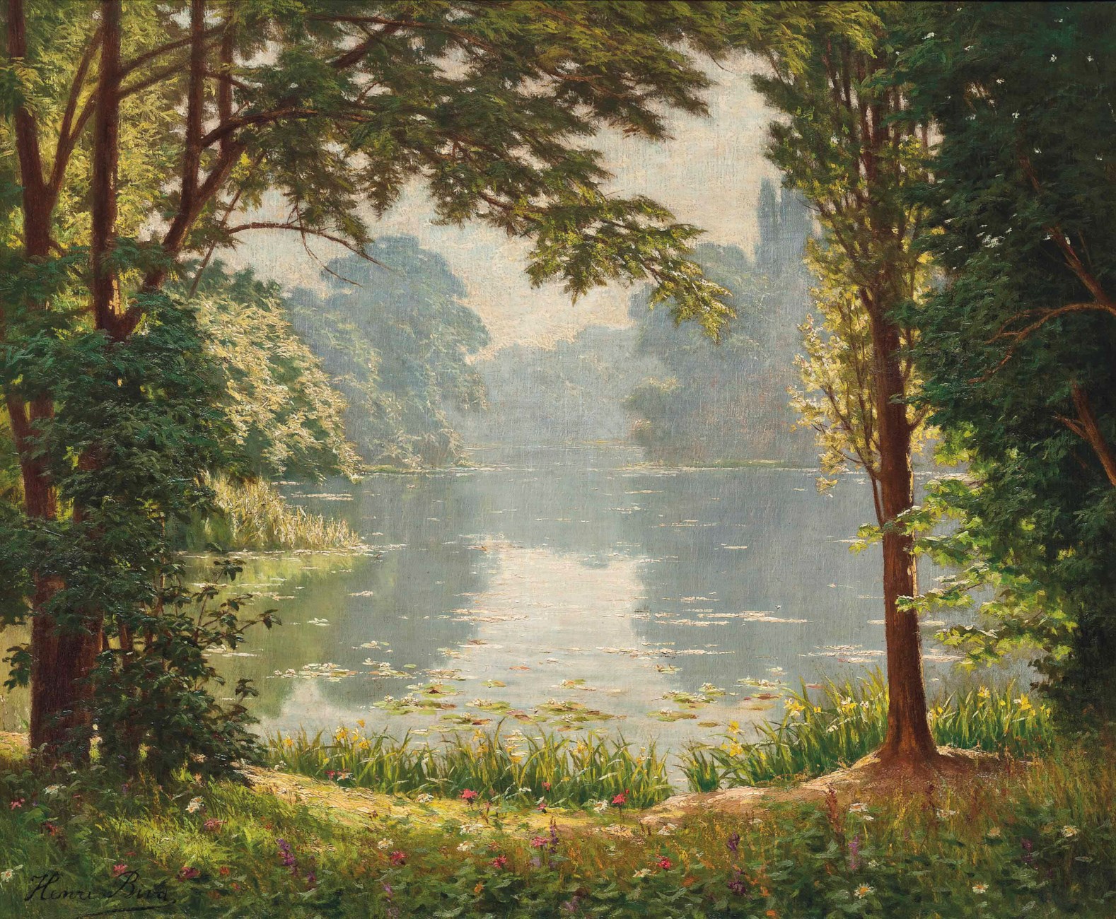 Henri Biva (French, 1848-1928), A lake at a forest clearing | Christie's