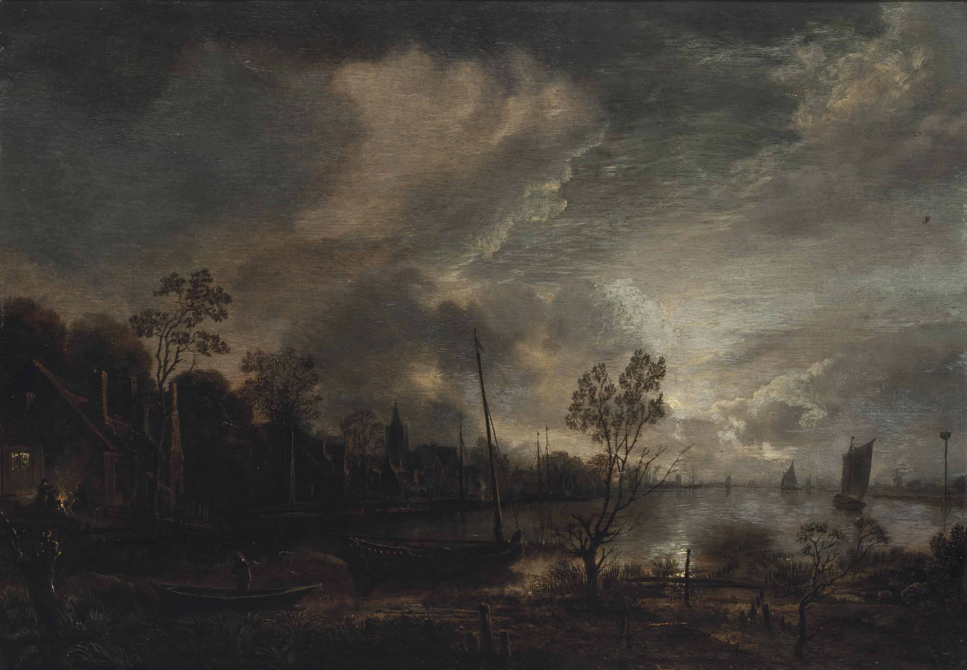 Aert van der Neer (Amsterdam ?1603/4-1677) , A moonlit river landscape ...