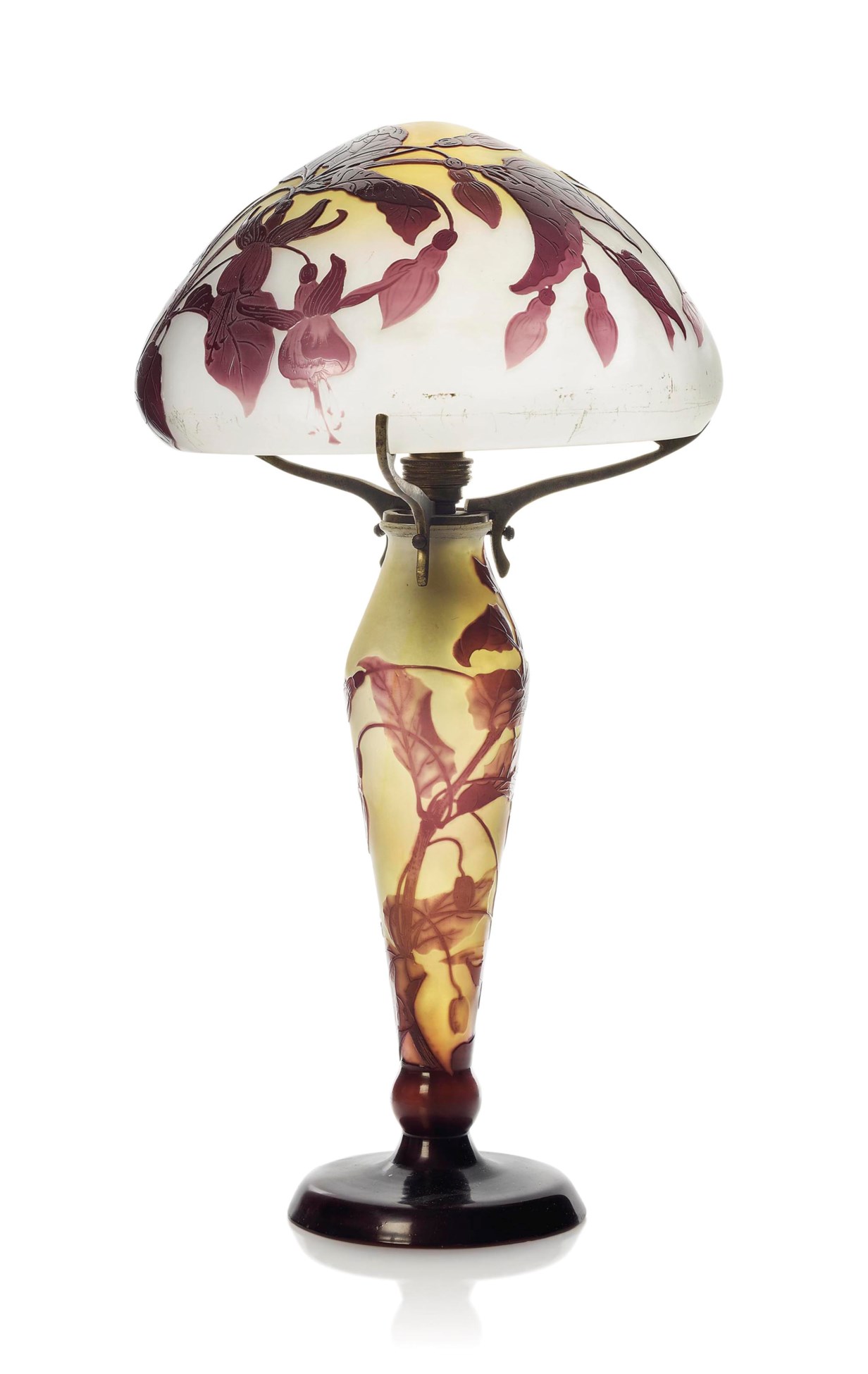 A GALLE CAMEO GLASS TABLE LAMP, 'FUCHSIAS', CIRCA 1910, SHADE AND BASE ...