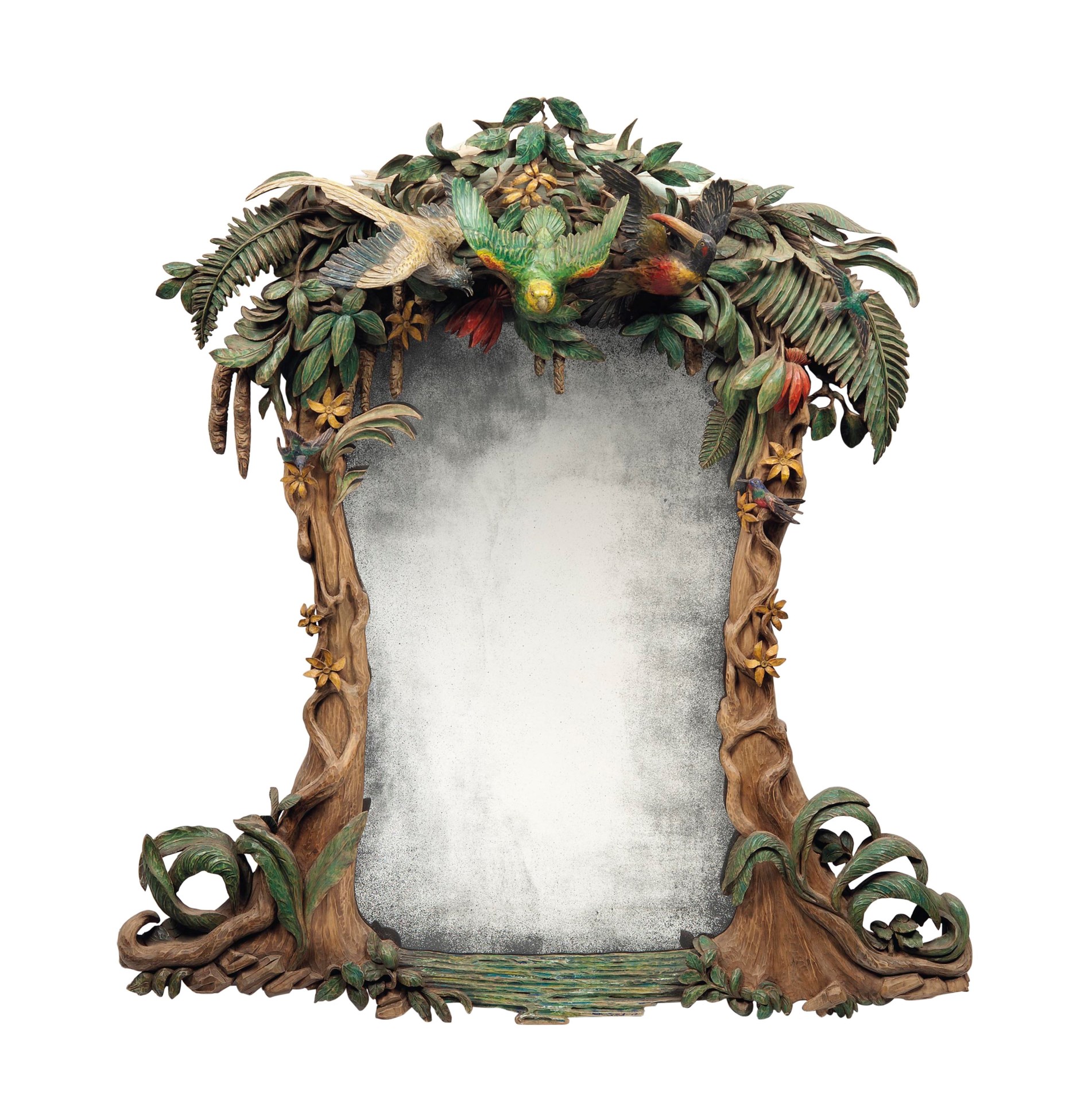 A CARVED AND POLYCHROME-PAINTED 'TROPICAL' MIRROR, JULIAN STANLEY ...