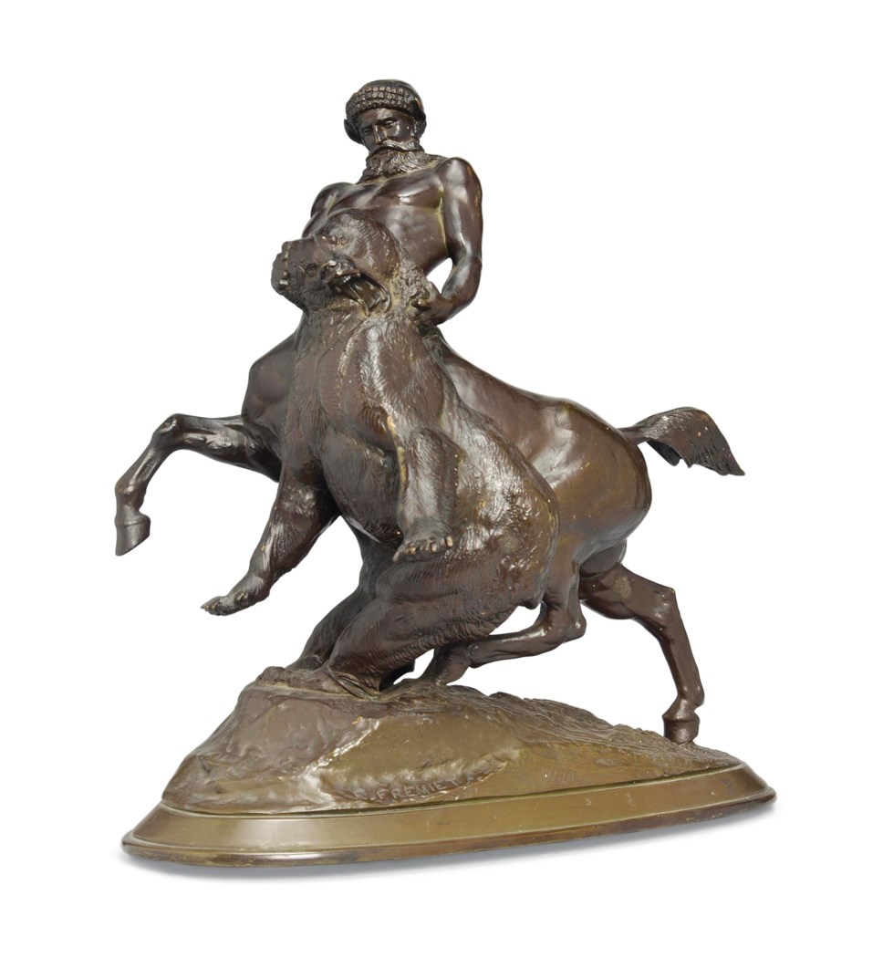 A FRENCH BRONZE GROUP OF A CENTAUR WRESTLING A BEAR