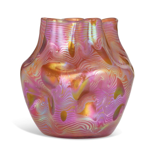 A LOETZ IRIDESCENT DIMPLED GLASS VASE WITH UNDULATING NECK, CIRCA 1900 ...