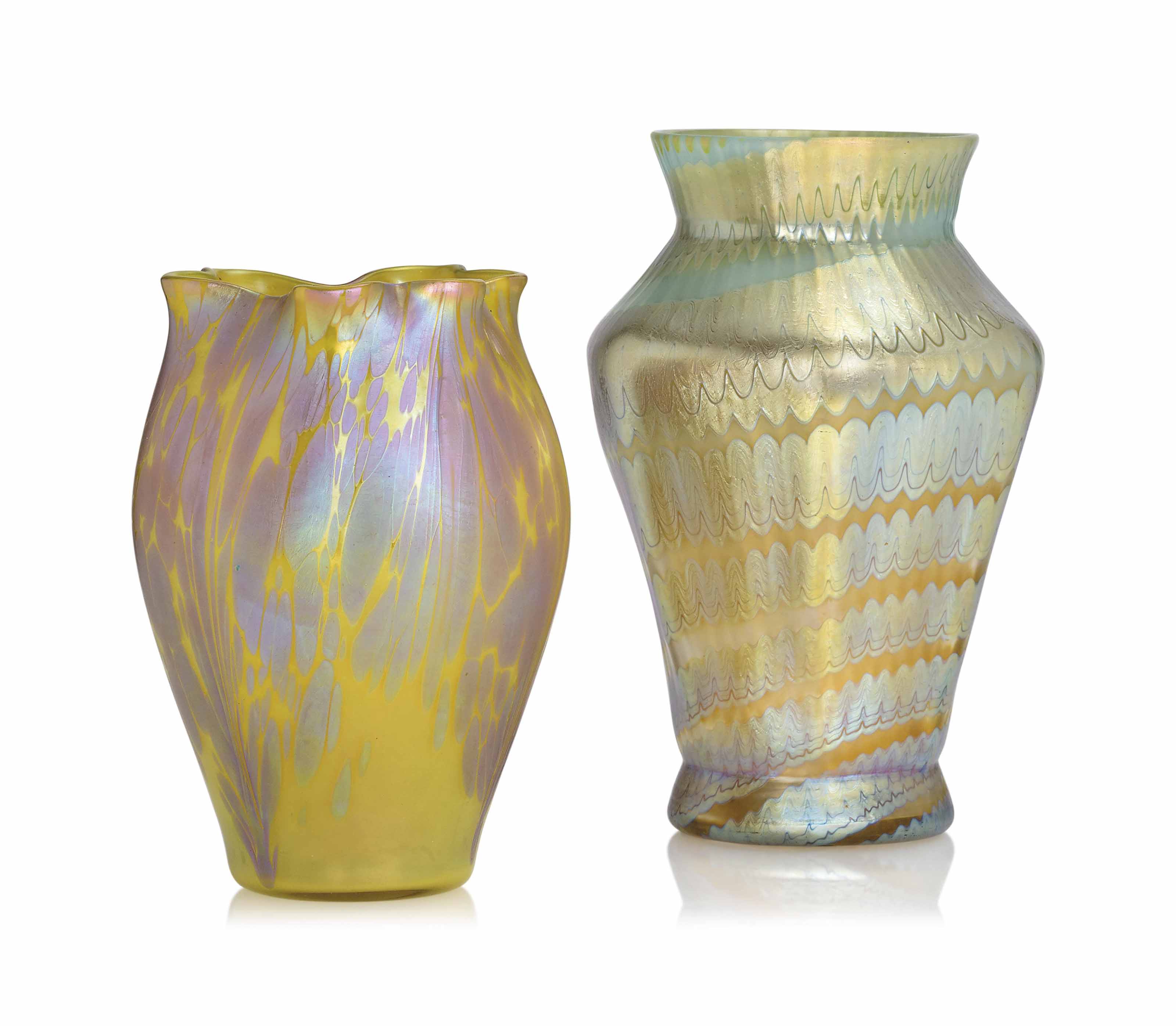 TWO LOETZ IRIDESCENT GLASS VASES , CIRCA 1900, TALLER VASE ENGRAVED ...