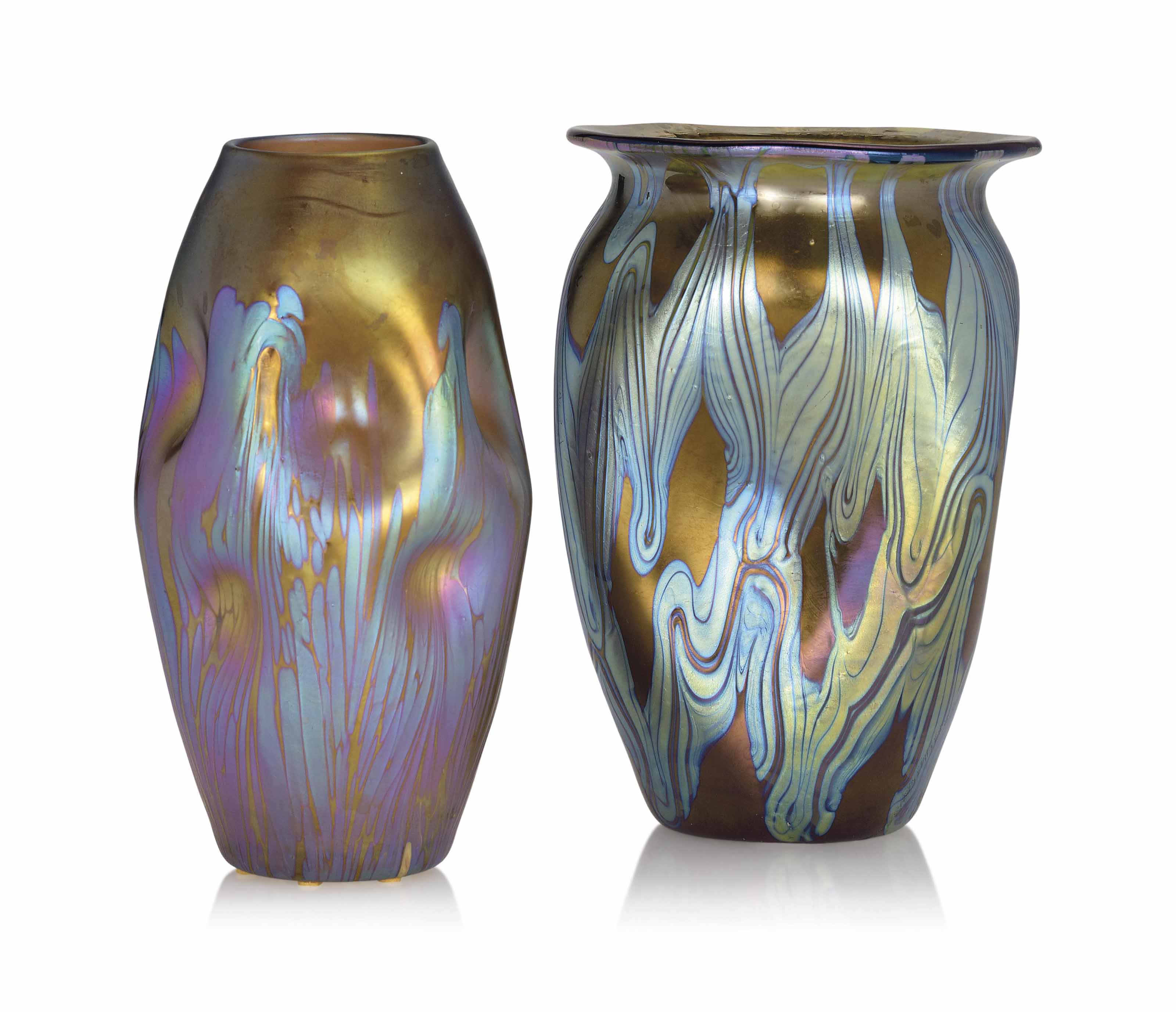 TWO LOETZ IRIDESCENT DIMPLED GLASS VASES