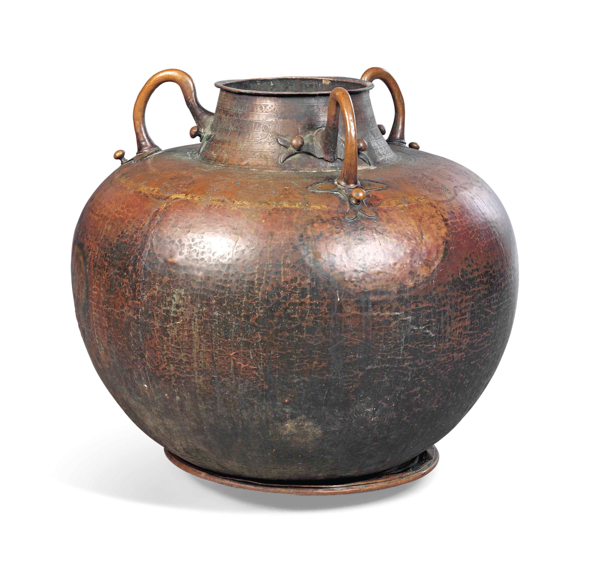 A LARGE NORTH AFRICAN COPPER THREE-HANDLED WATER POT, LATE 19TH CENTURY ...