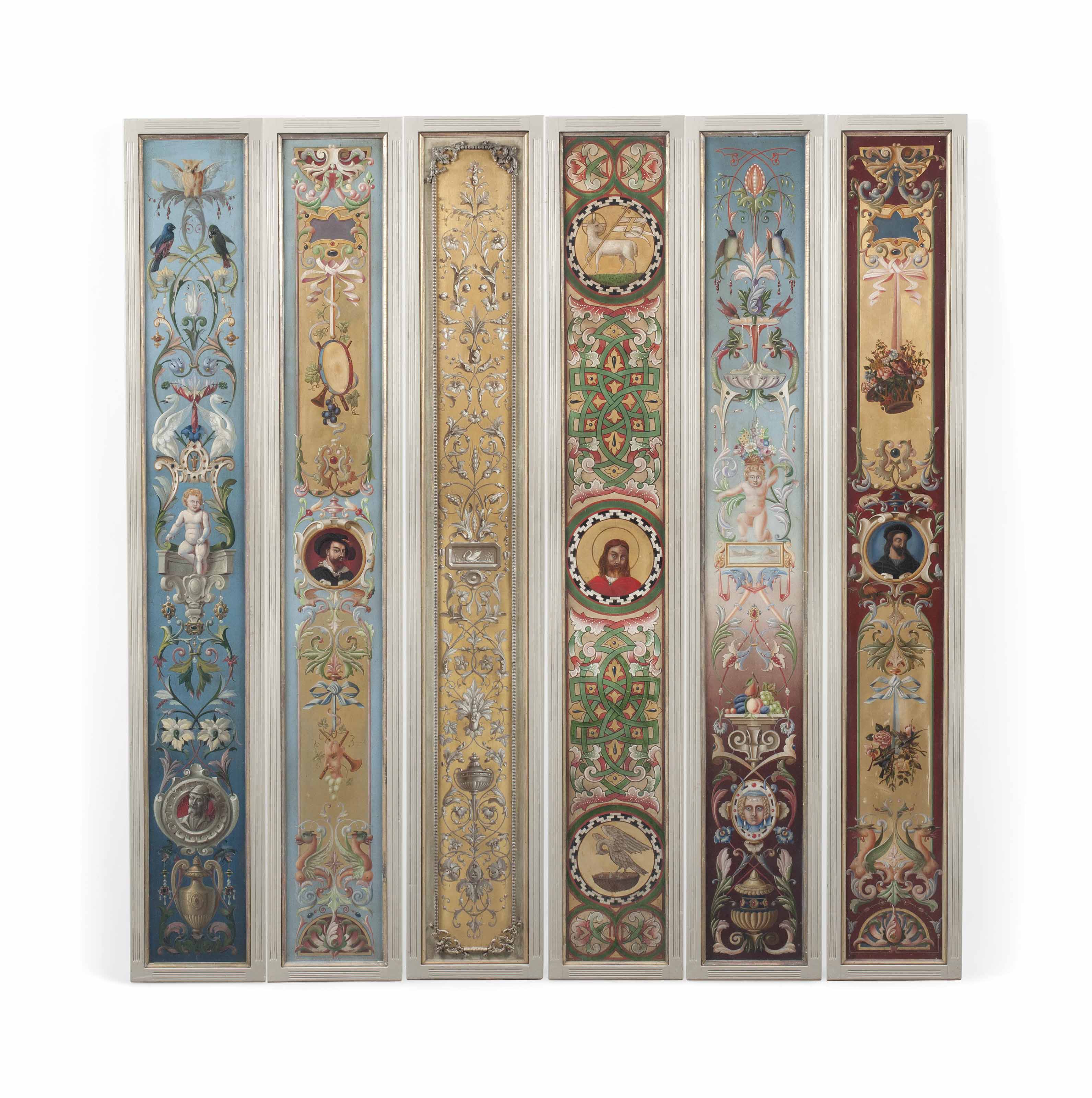 SIX ENGLISH POLYCHROME-DECORATED WALL PANELS