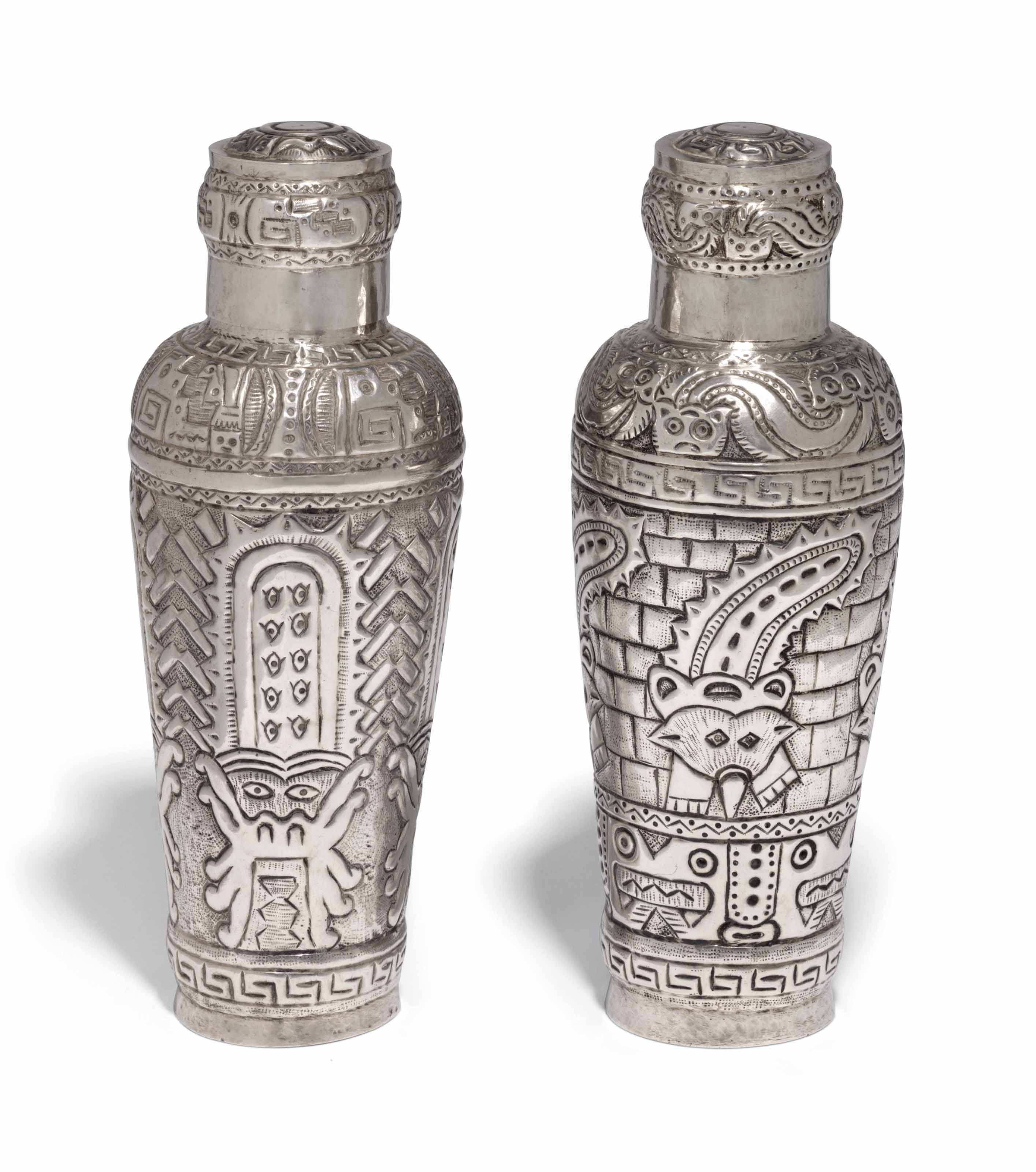 A PAIR OF PERUVIAN SILVER COCKTAIL SHAKERS