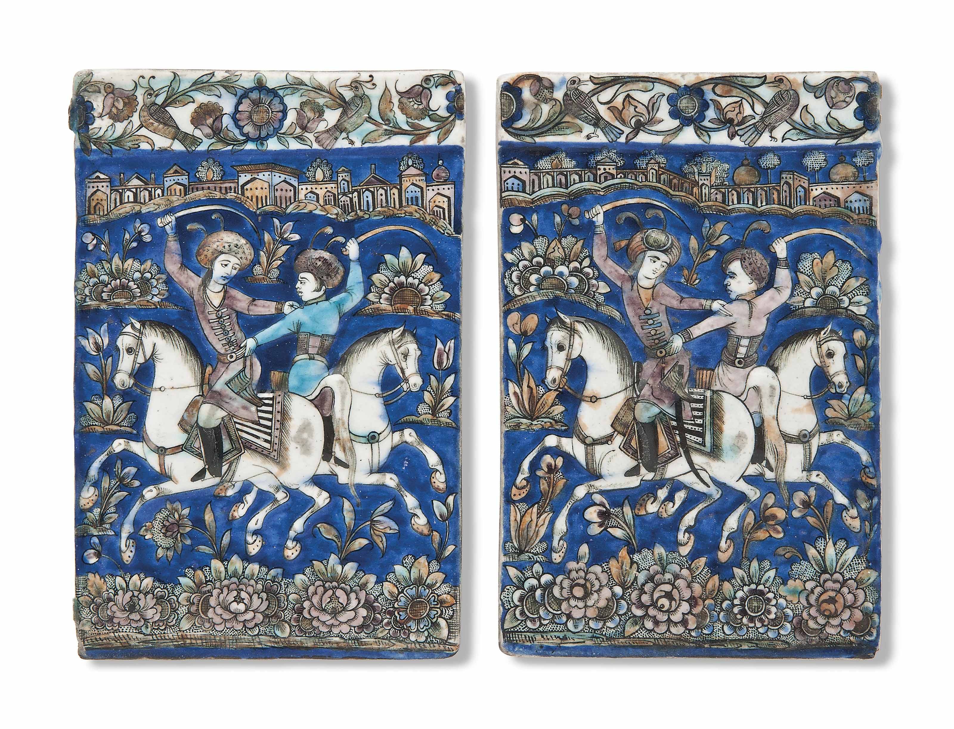 TWO MOULDED POTTERY TILES , QAJAR IRAN, 19TH CENTURY | Christie's