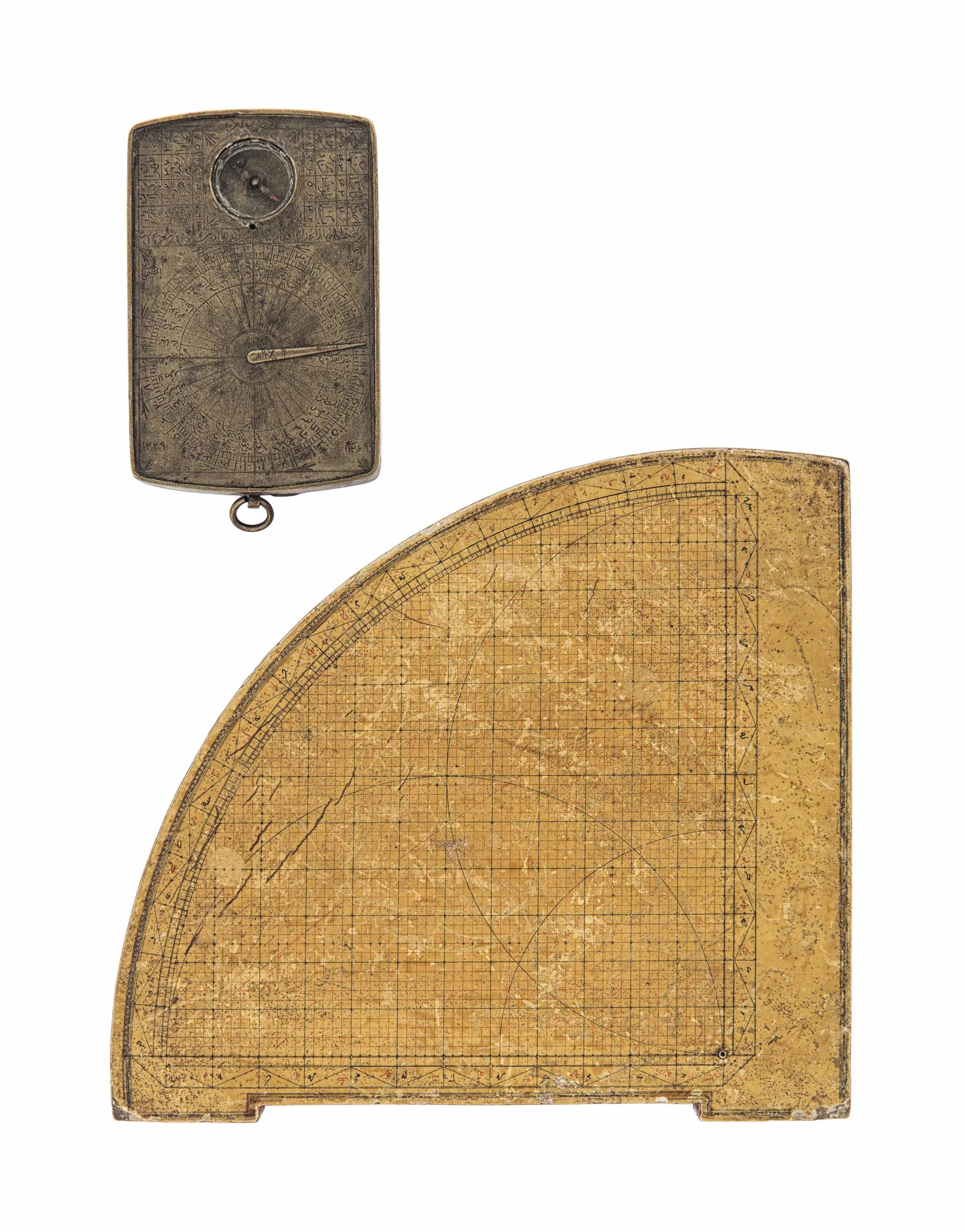 A BRASS QIBLA POINTER AND A WOODEN QUADRANT