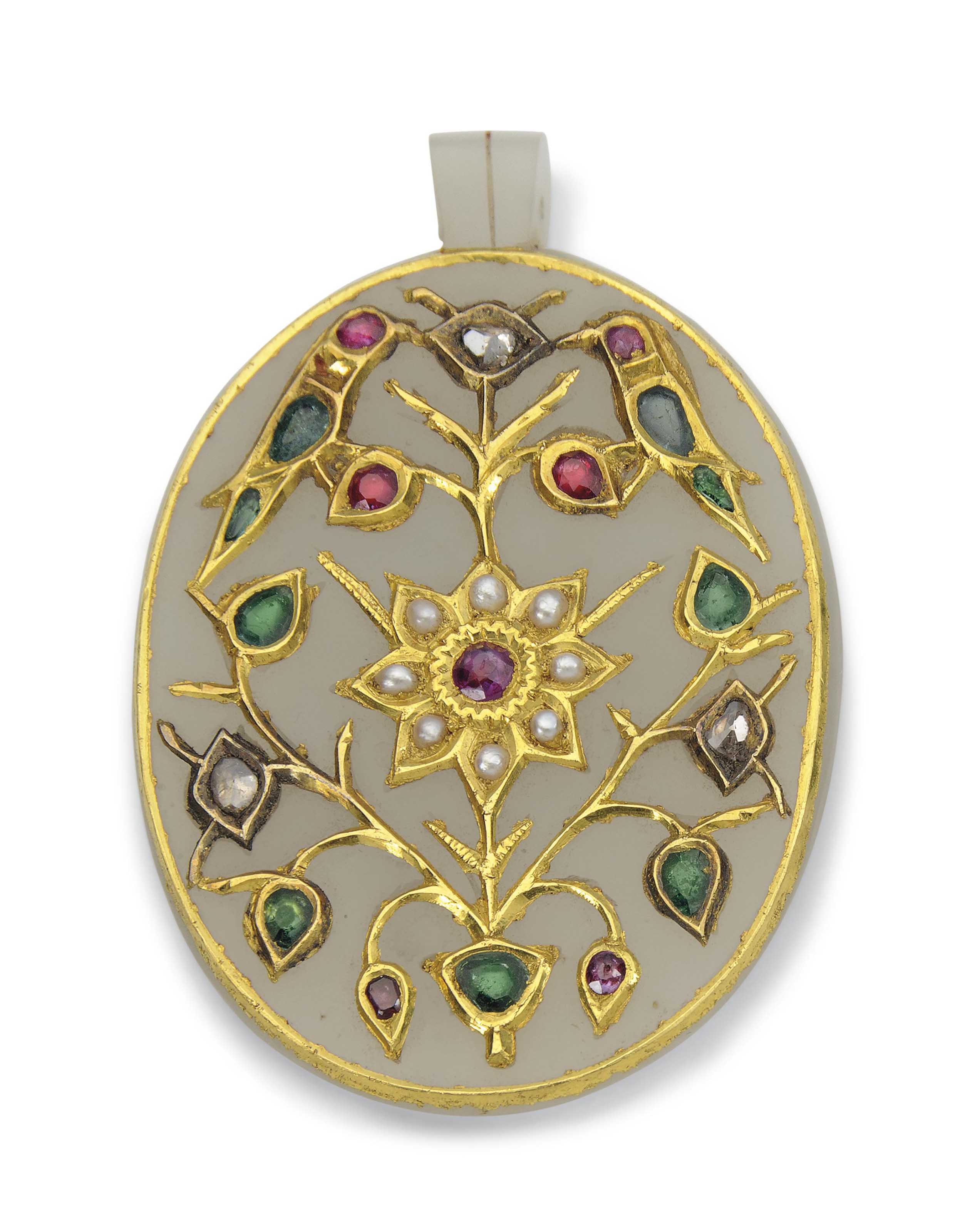 A GOLD-INLAID AND GEM-SET JADE PENDANT