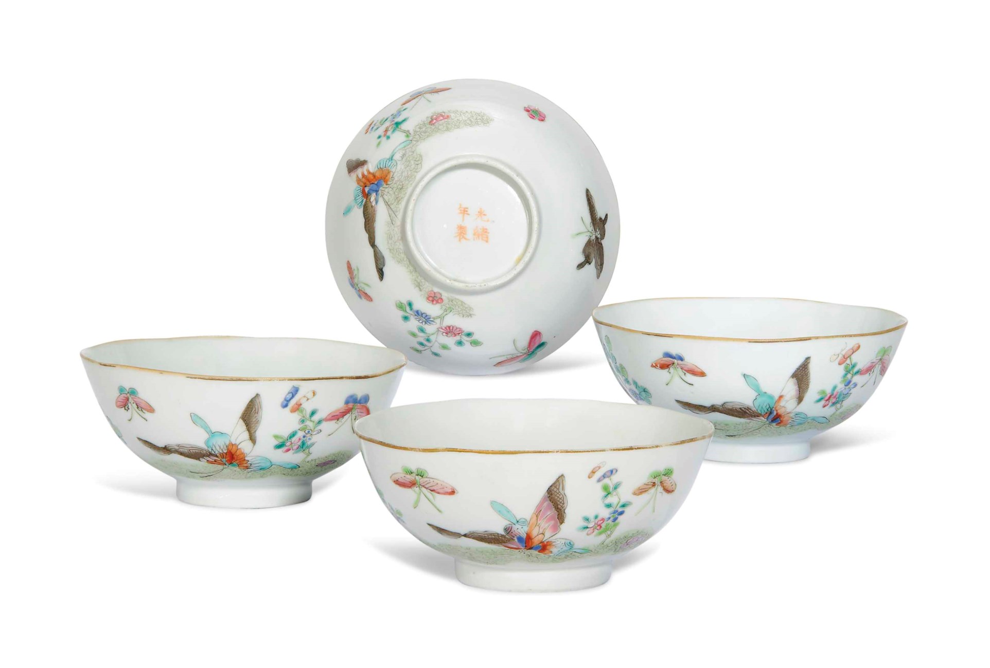 A SET OF FOUR FAMILLE ROSE 'BUTTERFLY' BOWLS, GUANGXU FOUR-CHARACTER ...