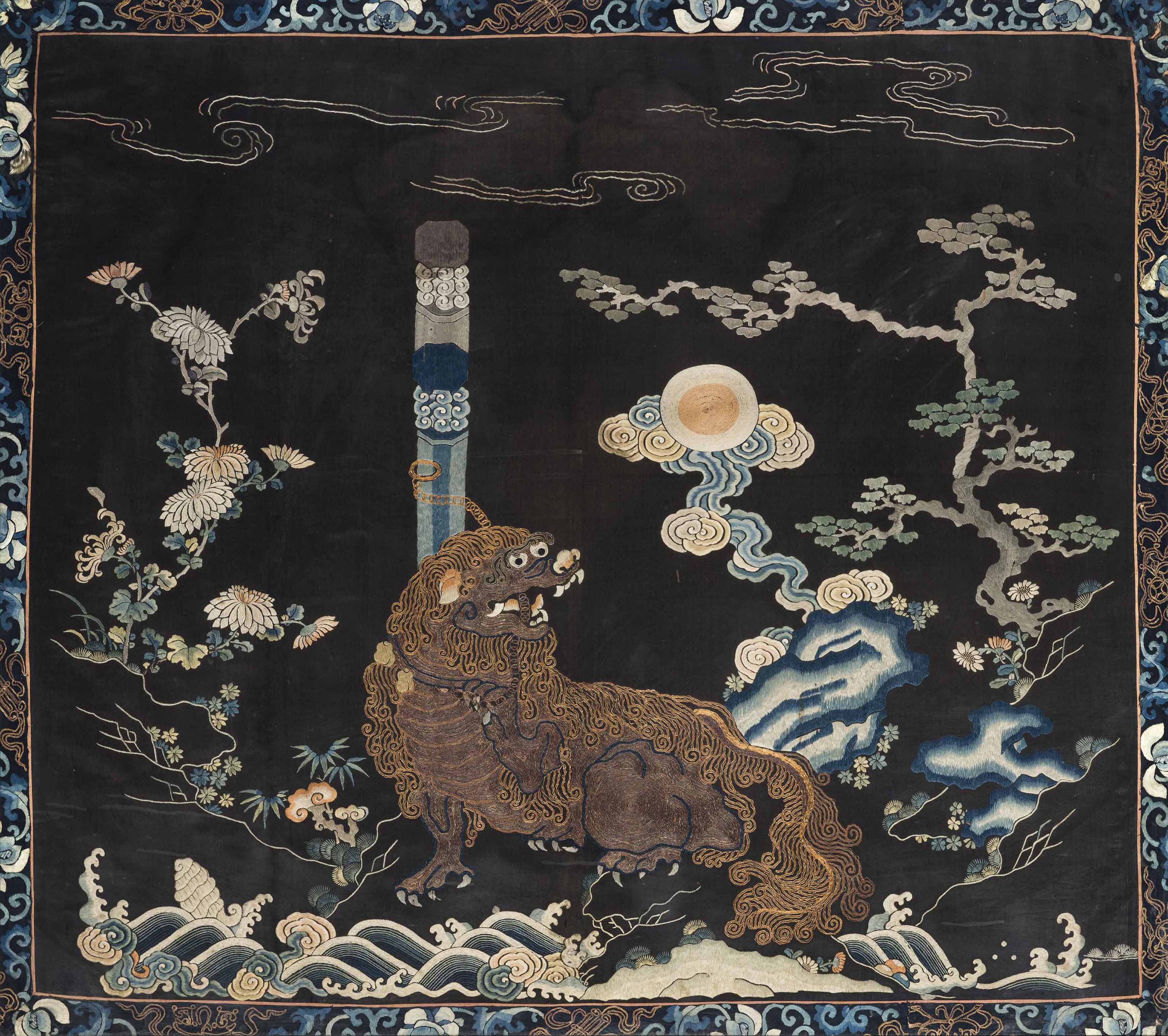 A DARK BLUE-GROUND 'BUDDHIST LION' PANEL