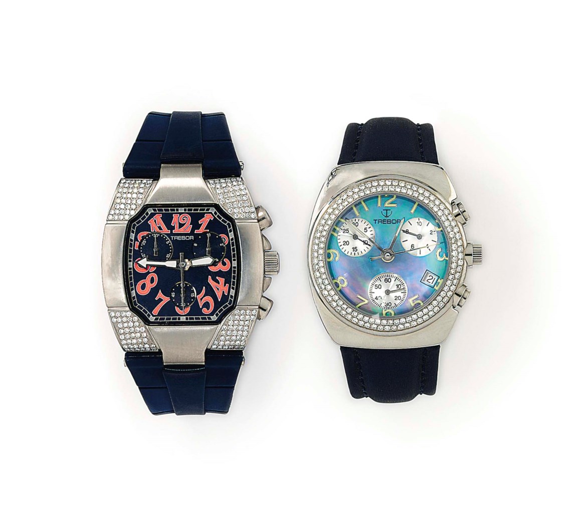TWO STAINLESS STEEL DIAMOND-SET CHRONOGRAPH WRISTWATCHES, BY TREBOR ...