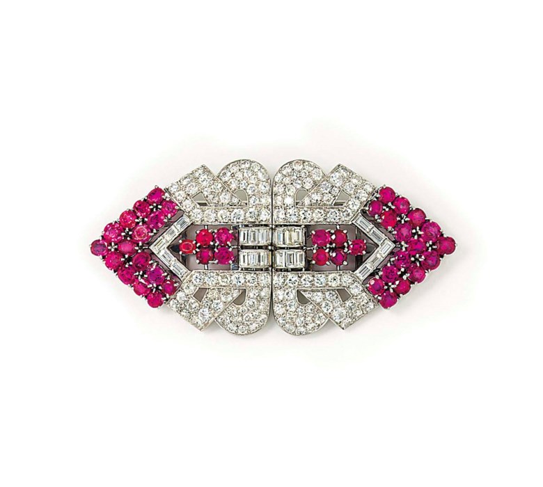 AN ART DECO RUBY AND DIAMOND DOUBLE-CLIP BROOCH | Christie's