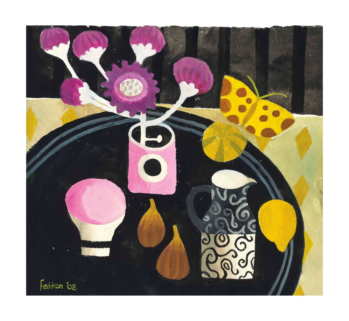 Mary Fedden, R.A. (1915-2012), Still life with flowers and a yellow ...
